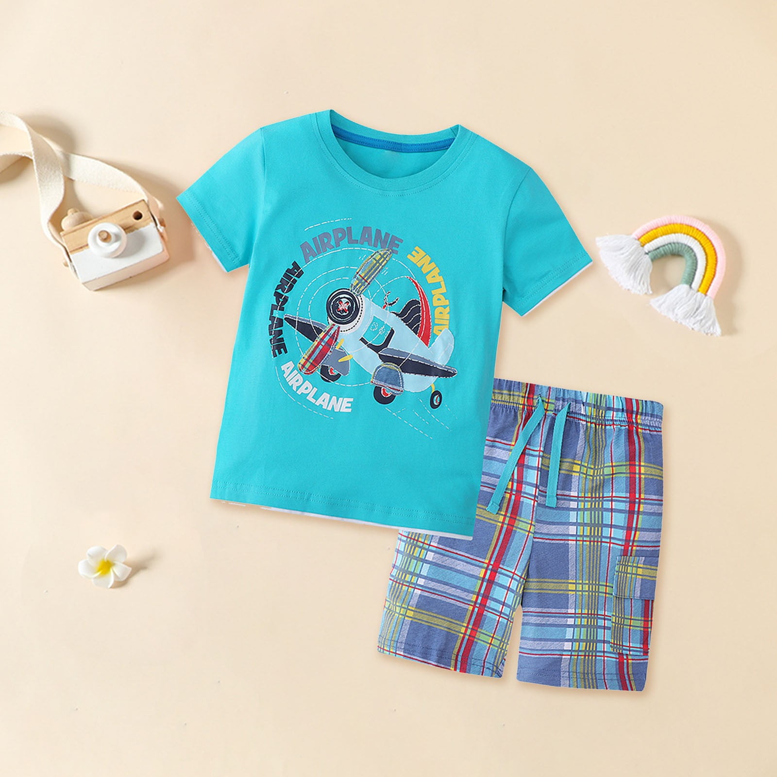 Outfit Short Sleeved Shorts 2 Piece Knitted Cotton Cartoon Airplane ...