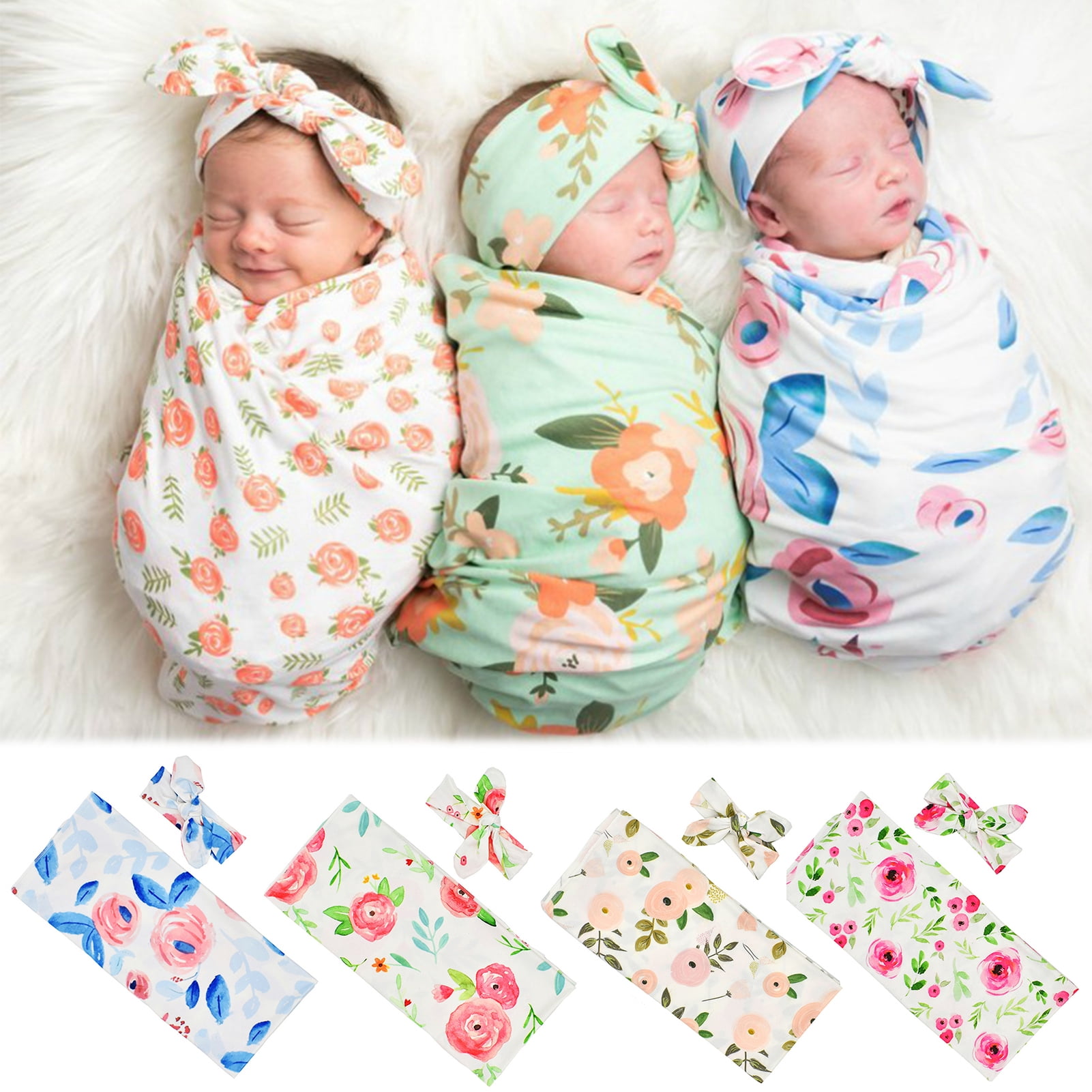 Newborn Receiving Blanket Headband Set Floral Printed Baby Swaddle ...