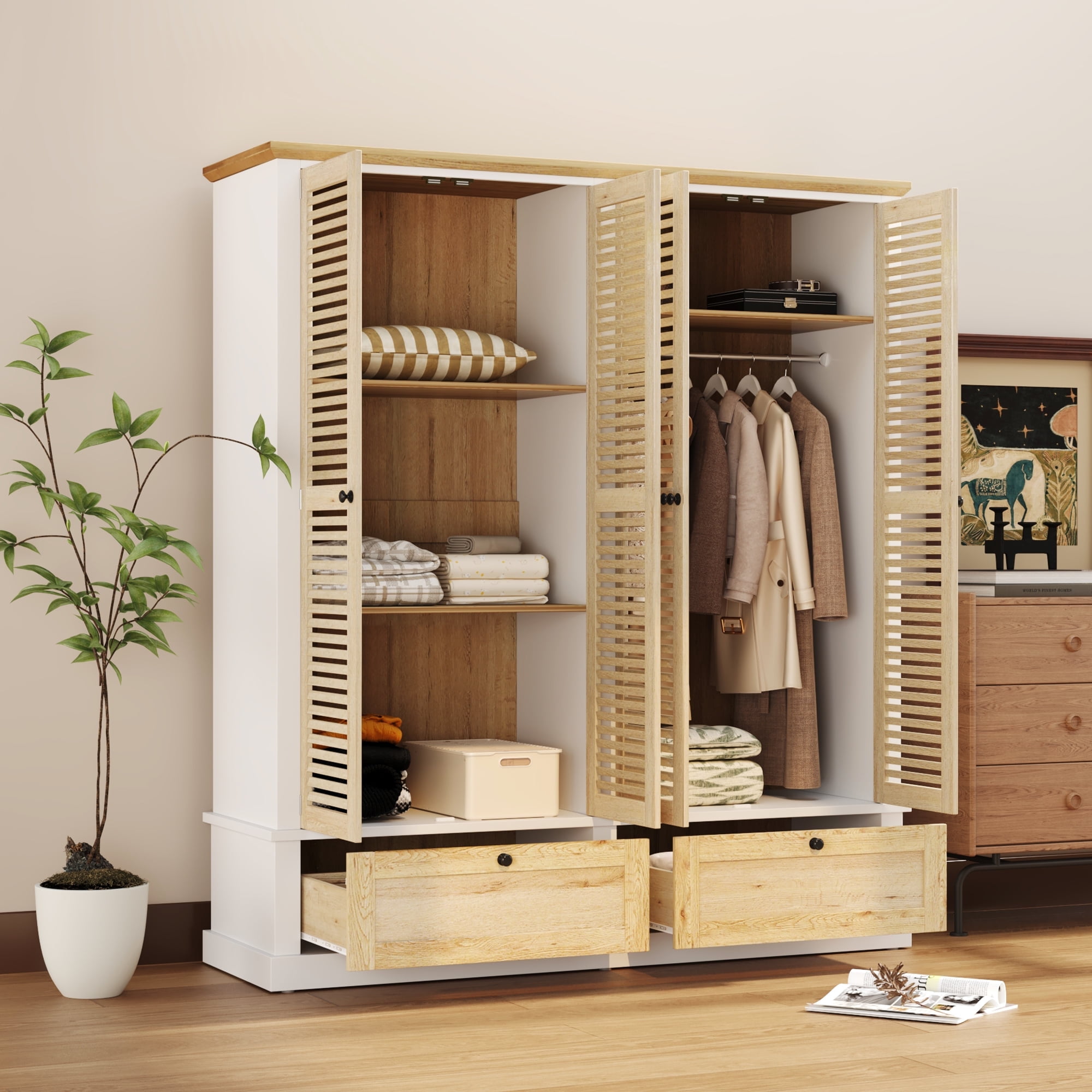 Newboti 4 Shutter Door Wardrobe Armoire Closet with 2 Drawers, Natural ...
