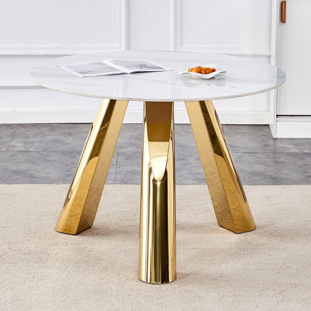 Newboti 42-Inch White Marble Grained Stone Round Table Three-Legged ...