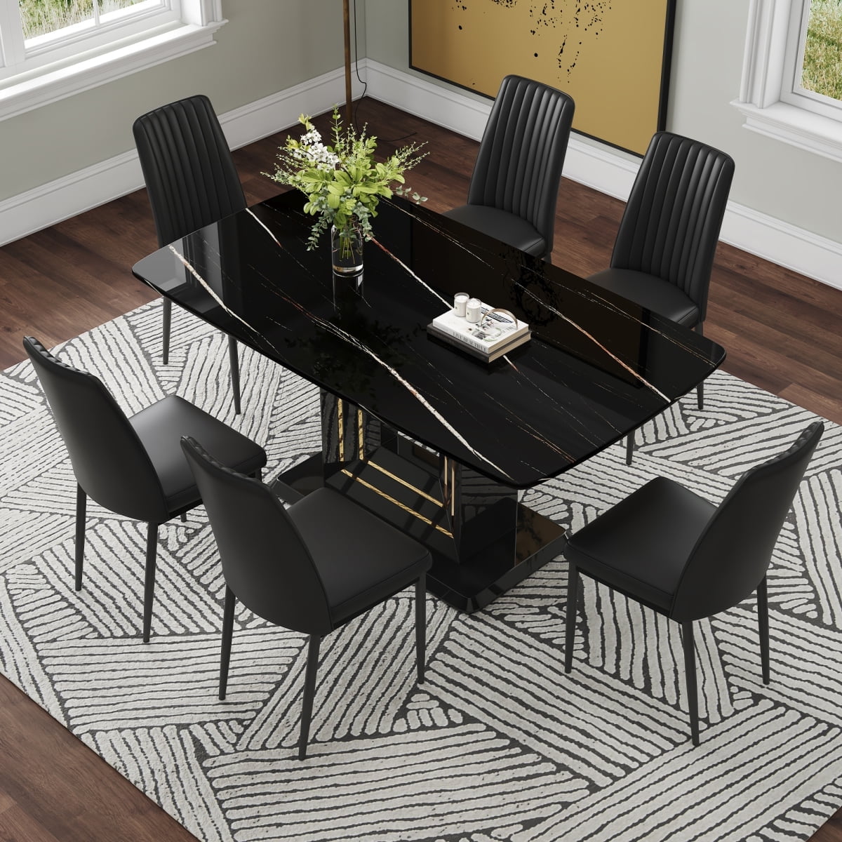 Newboti 7-Piece Faux Marble Dining Table Set, Glass Rectangular Kitchen ...