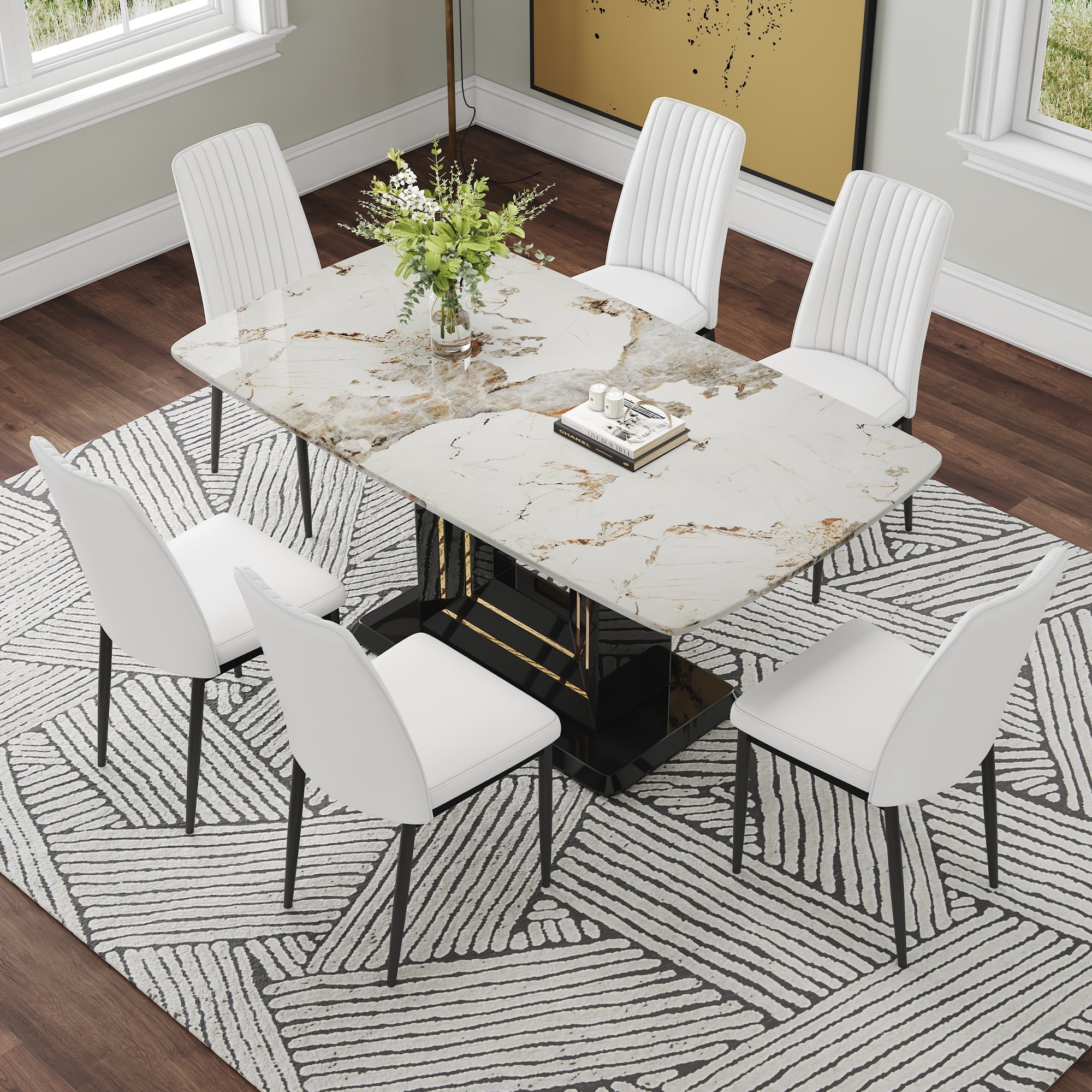 Newboti 7-Piece Faux Marble Dining Table Set, Glass Rectangular Kitchen ...