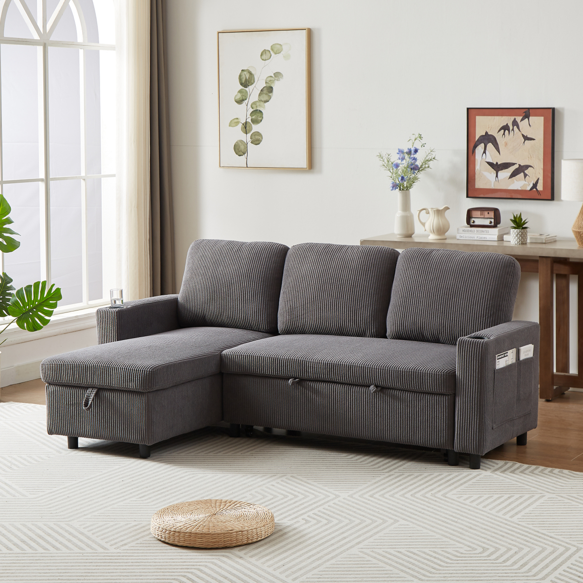 Newboti 78.7" Comfortable Corduroy L-Shaped Combo Sofa Bed, Living Room ...