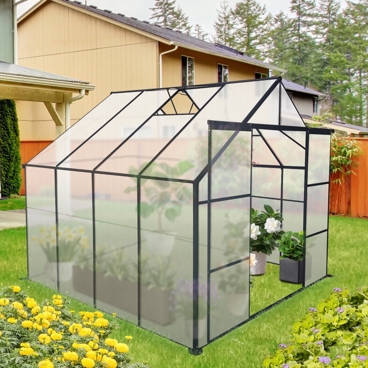 Newboti 8x8 FT Double Door Polycarbonate Greenhouse Raised Base and Anchor Aluminum Heavy Duty ...