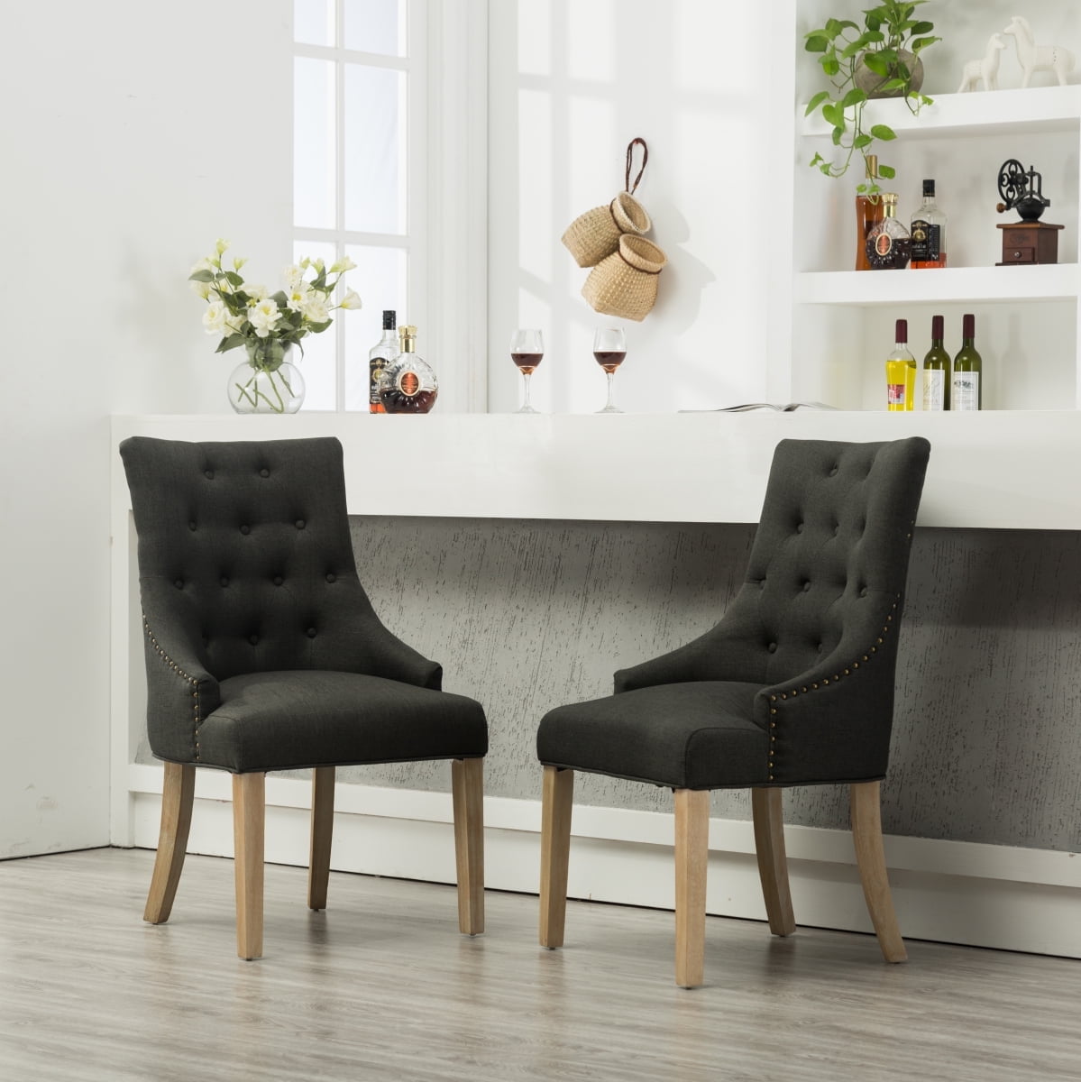 Newboti Charcoal Button Tufted Solid Wood Wingback Hostess Chairs with ...