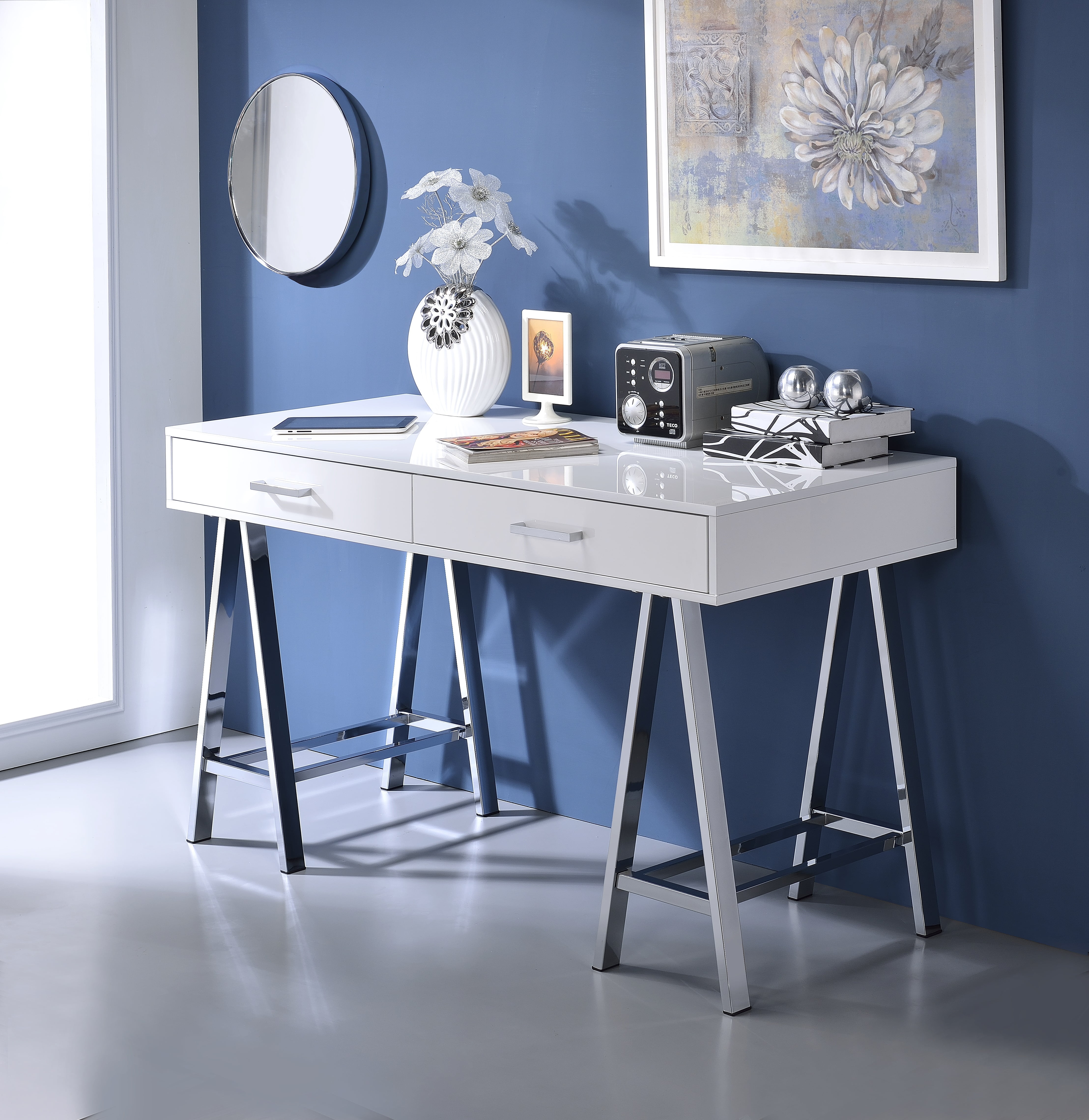 Newboti Coleen White High Gloss & Chrome Finish Writing Desk W/USB ...
