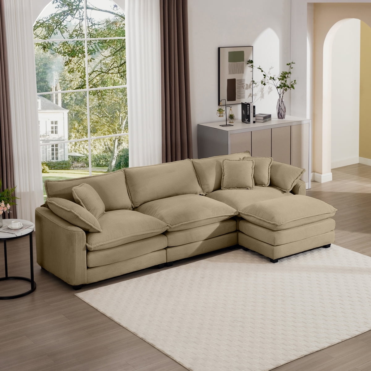 Newboti Corduroy 3-seater sofa with 1 footrest, L-shaped double sofa ...