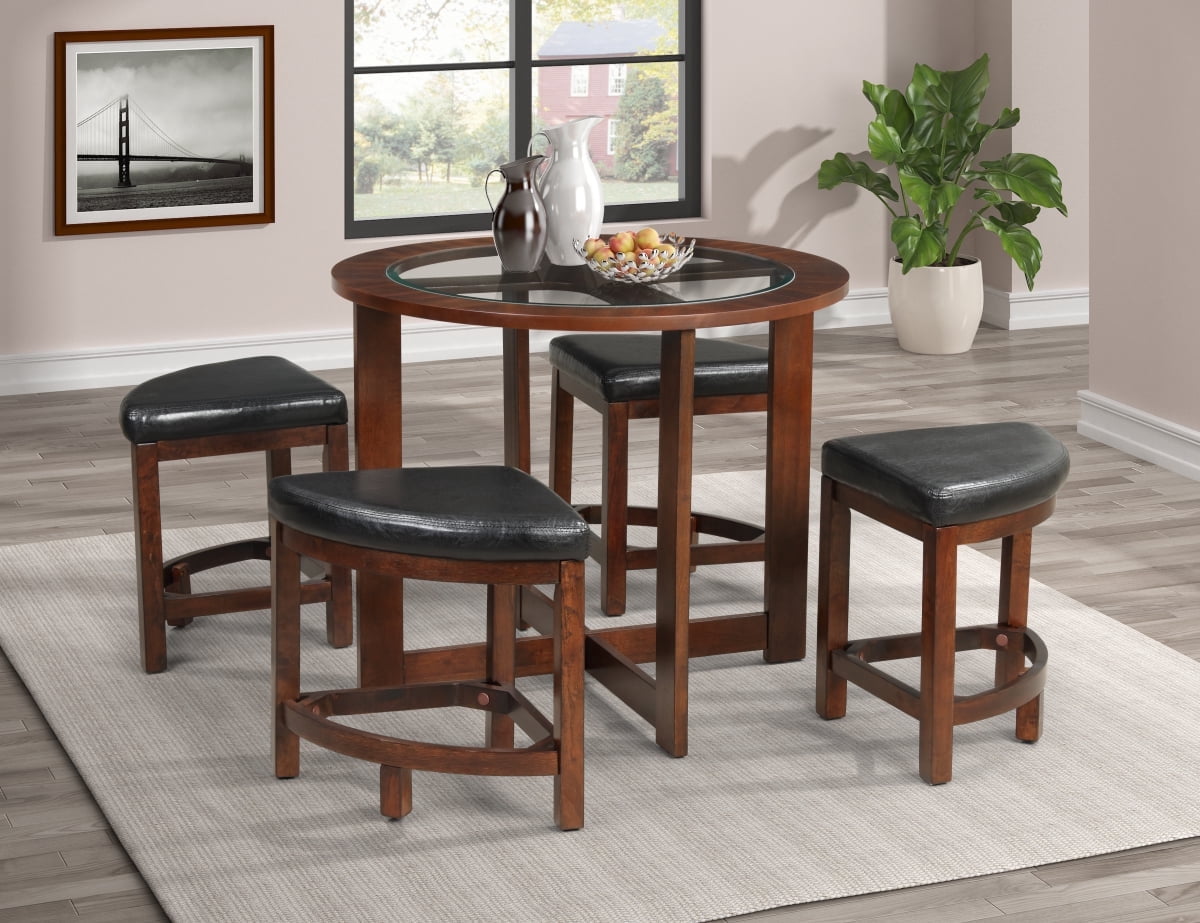 Newboti Cylina Solid Wood Glass Top Round Dining Table with 4 Chairs ...