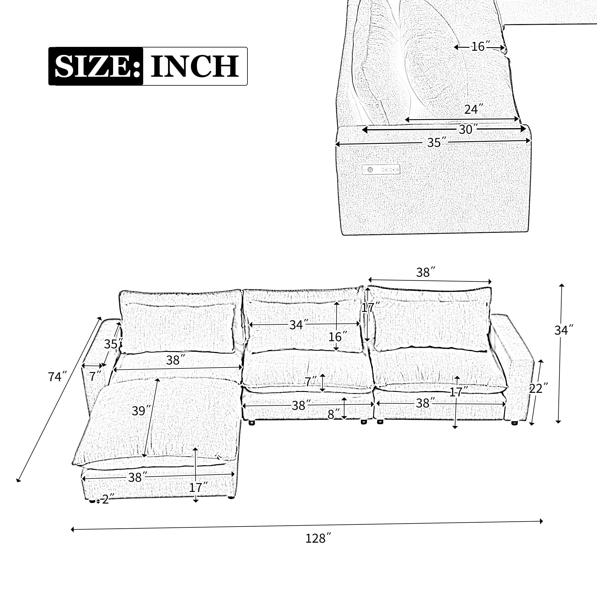Newboti Furniture 128" Sectional Sofa Cloud Sofa Chenille Upholstered ...