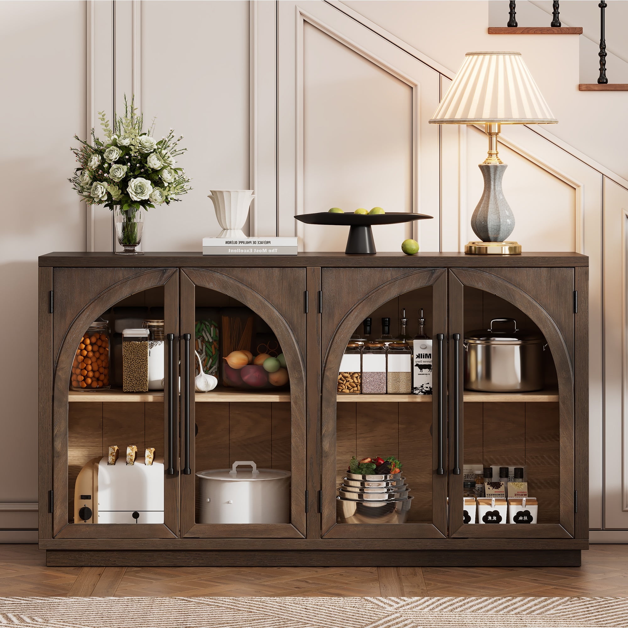 Newboti Furniture 4-Door Large Storage Sideboard Buffet Cabinet with Glass Doors, Arched Cabinet ...
