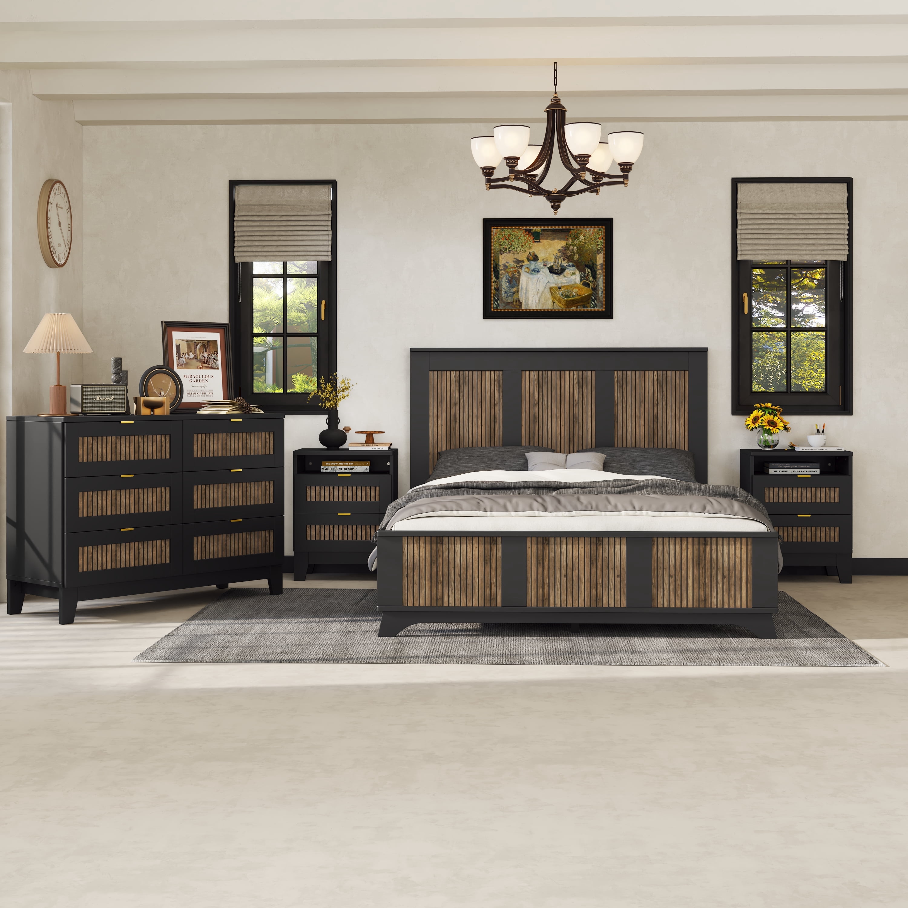 Newboti Furniture 4-Pieces Bedroom Sets, Queen Size Farmhouse Platform ...