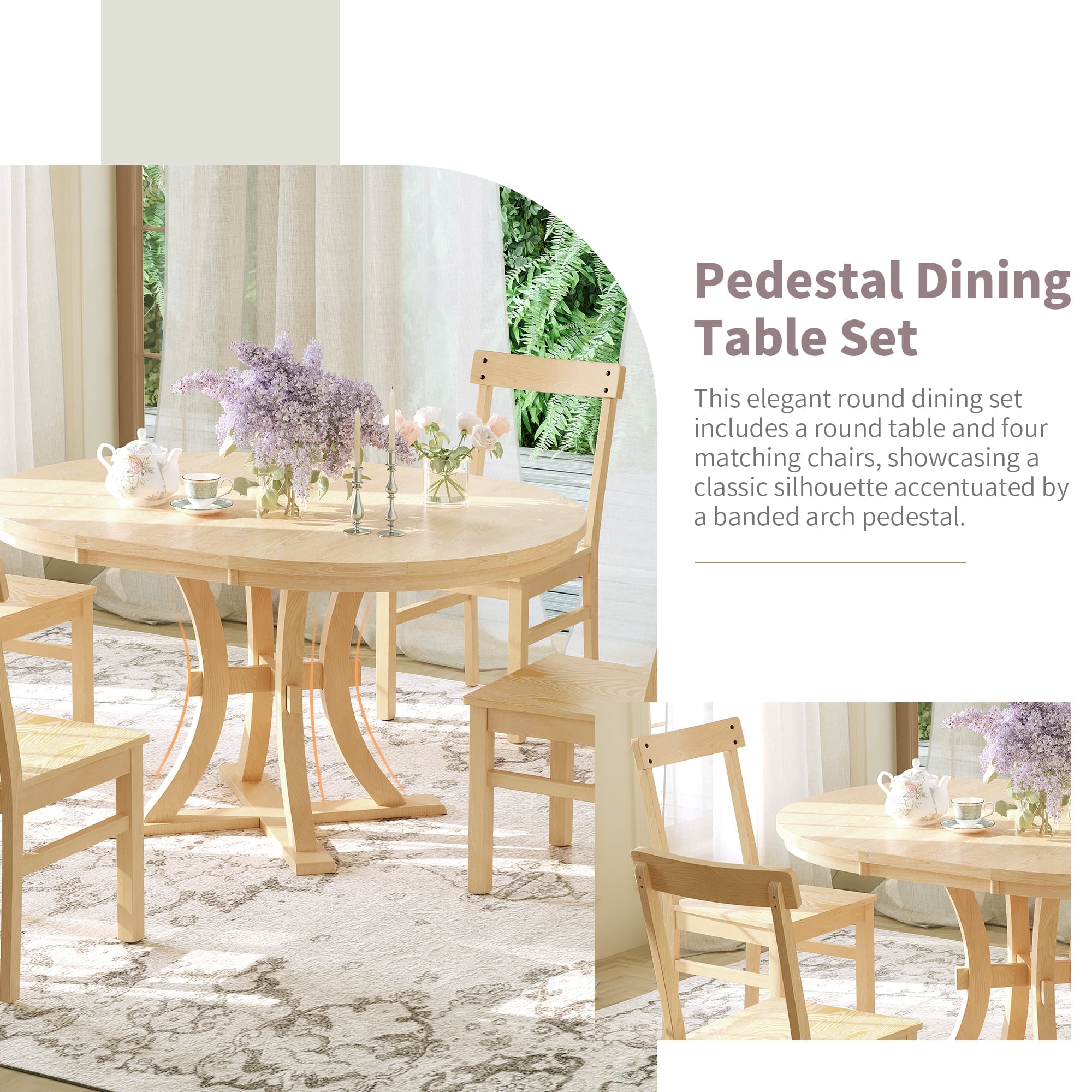 Newboti Furniture 5-Piece Rustic Round Pedestal Extendable Dining Table ...