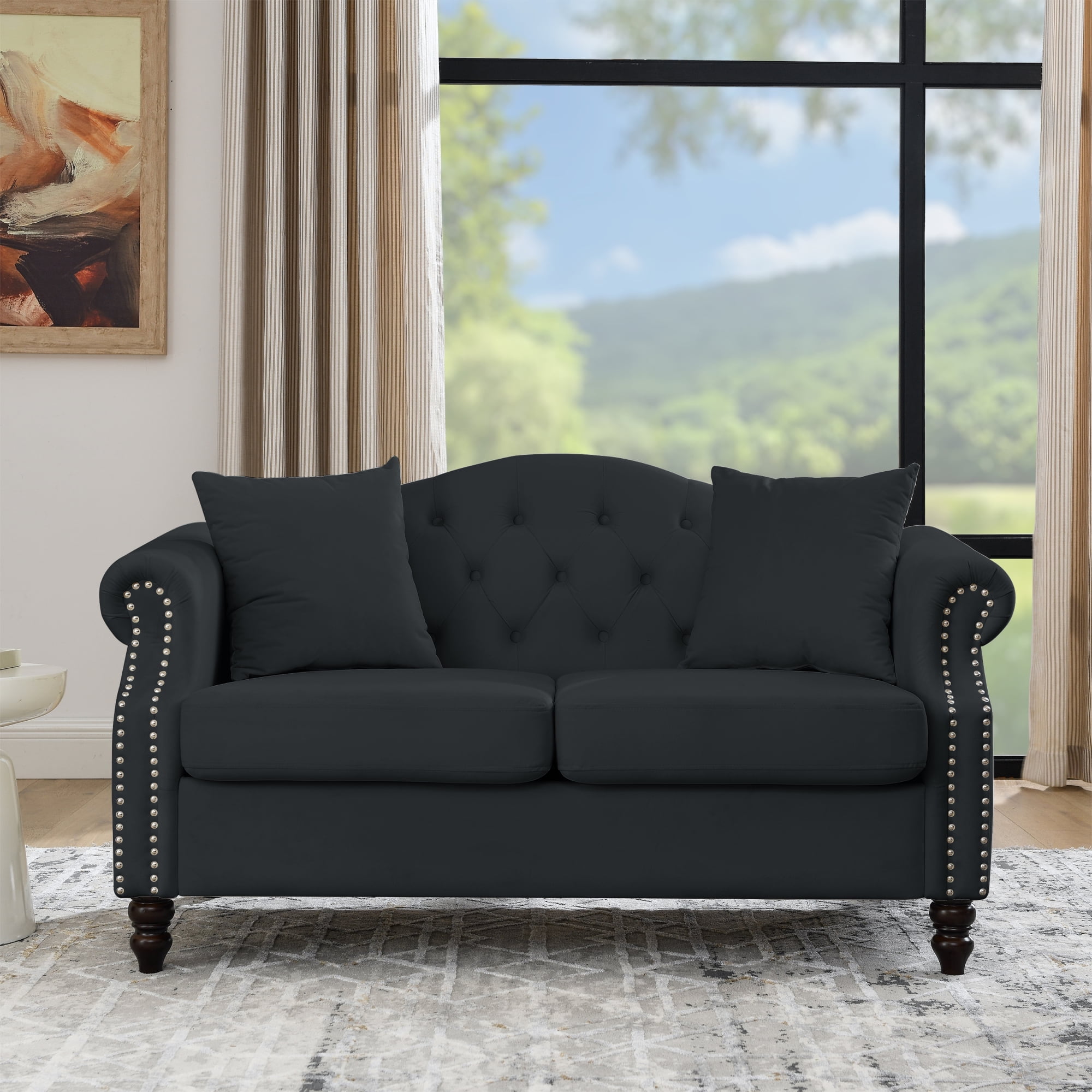 Newboti Furniture 57" Chesterfield Sofa Black Velvet for Living Room, 2 Seater Sofa Tufted Couch ...