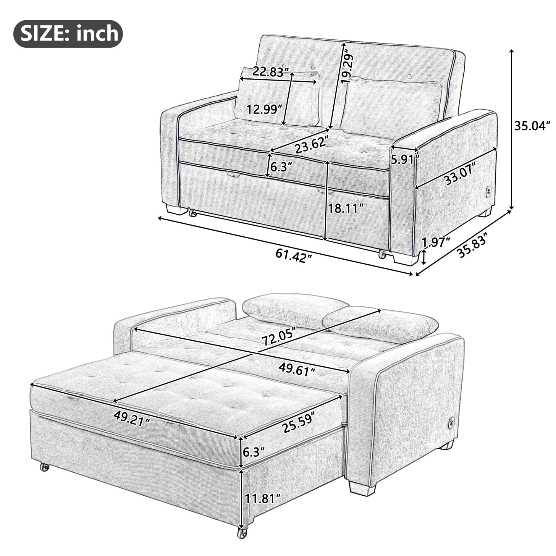 Newboti Furniture 61.4" Upholstered Sleeper Bed, Pull Out Sofa Bed ...