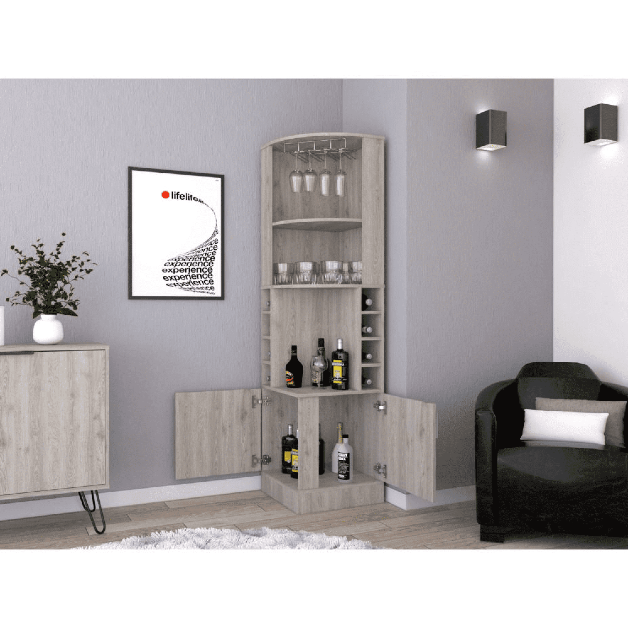 Newboti Furniture 71" H light gray corner bar cabinet, with two shelves ...