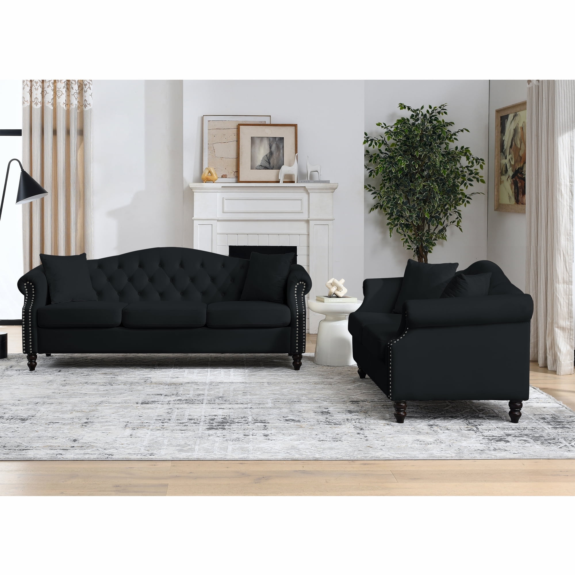 Newboti Furniture 79" Chesterfield Sofa Black Velvet for Living Room, 3 Seater Sofa Tufted Couch ...