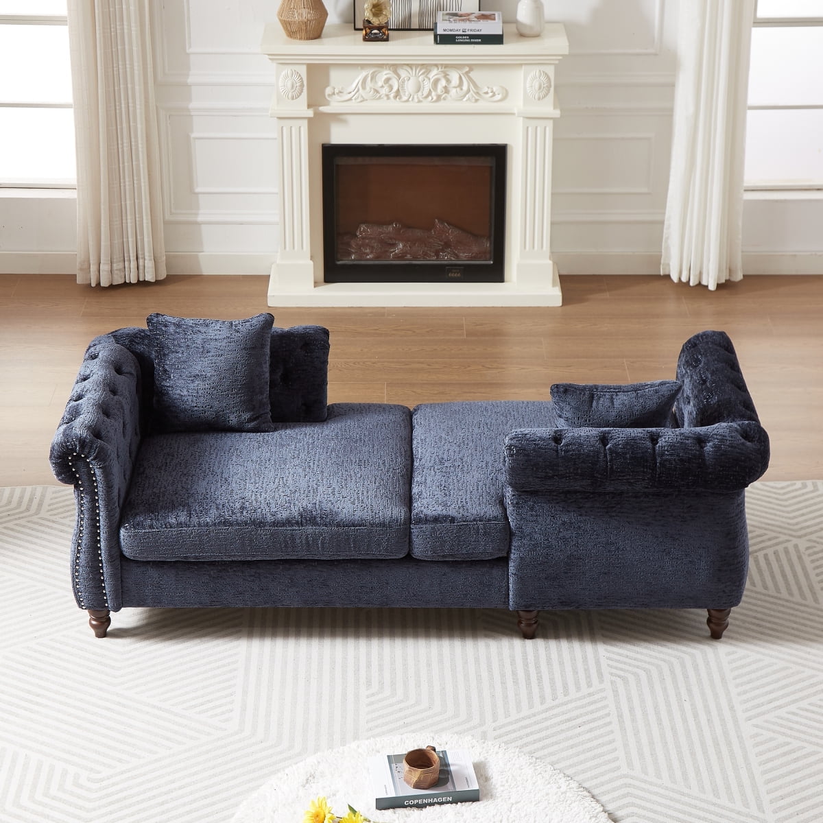 Newboti Furniture 81-Inch Chenille Face-To-Face Chaise Lounge With Two Pillows, Nailhead Trim ...