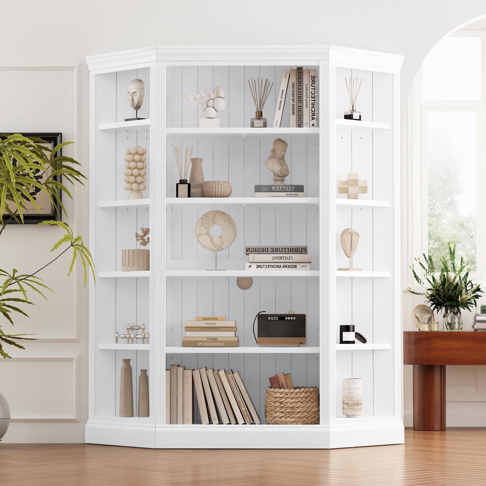 Newboti Furniture 83.4" Tall Wood Bookcase With Two Corner Shelf Suite ...