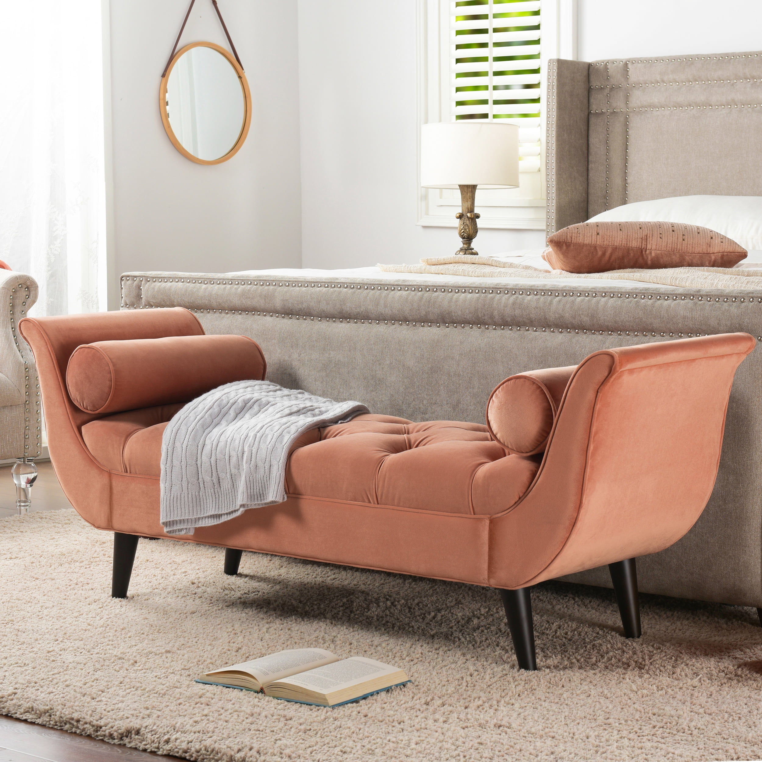 Newboti Furniture Alma Tufted Flared Arm Entryway Bench, Peach Orange ...