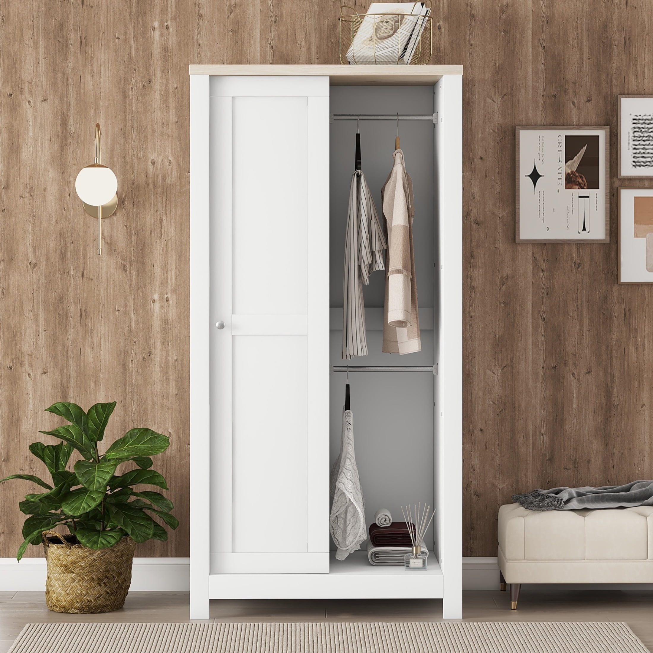 Newboti Furniture Bedroom Storage Wardrobe with Hanging Rods and 2 ...