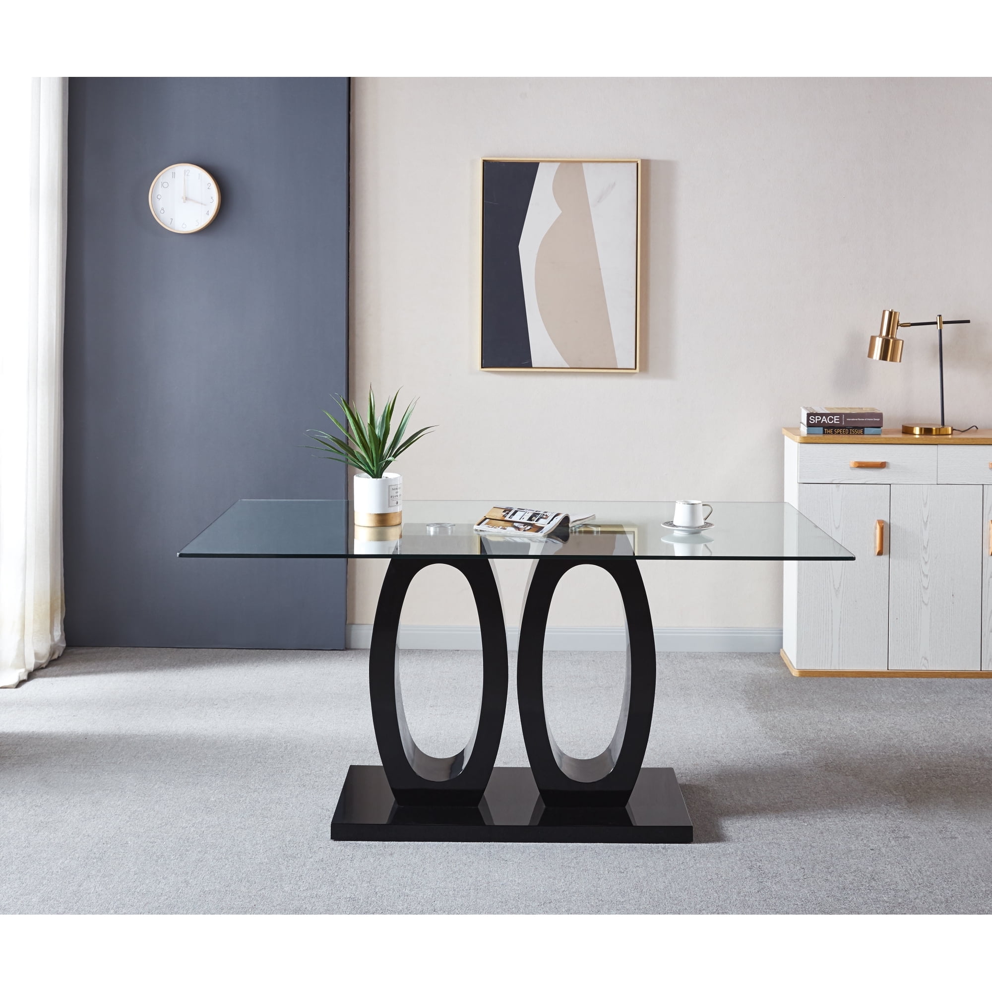 Newboti Furniture Contemporary Double Pedestal Dining Table, Tempered ...