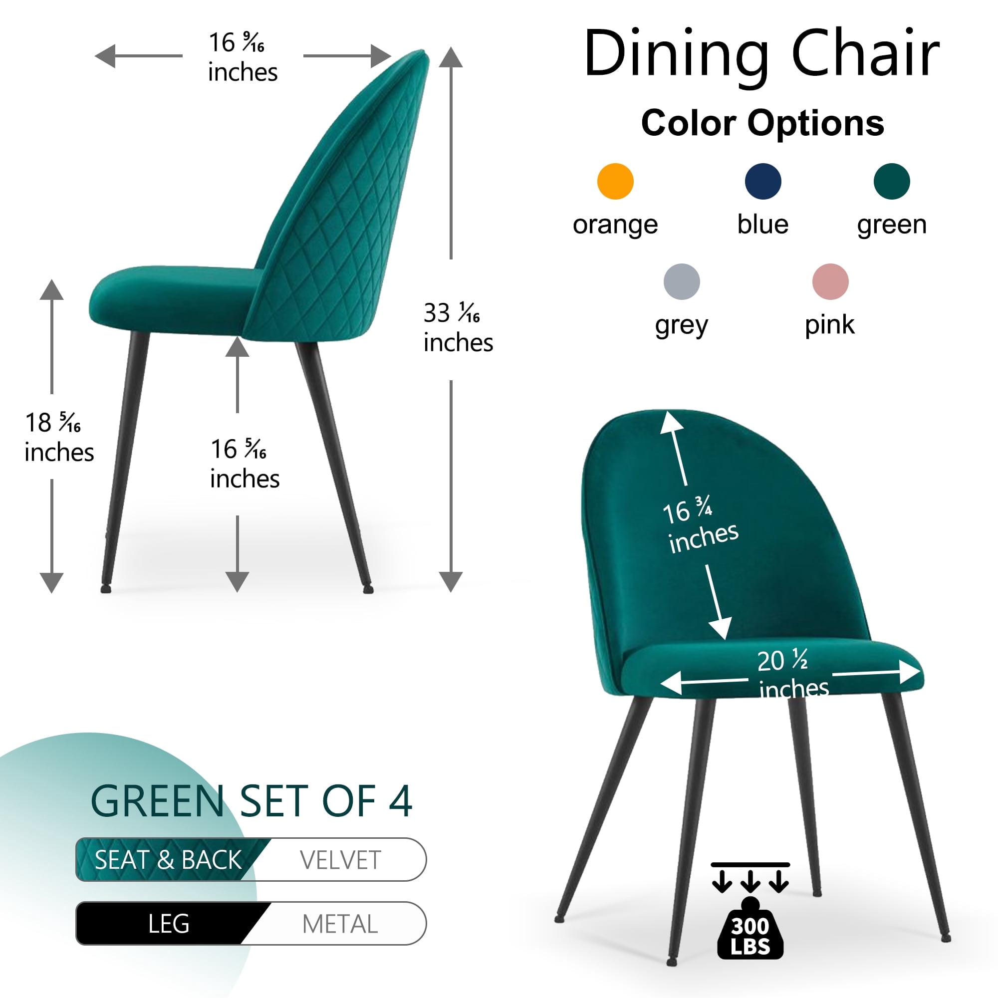 Newboti Furniture Dining Chair, Green Velvet, Metal Black legs, Set of ...