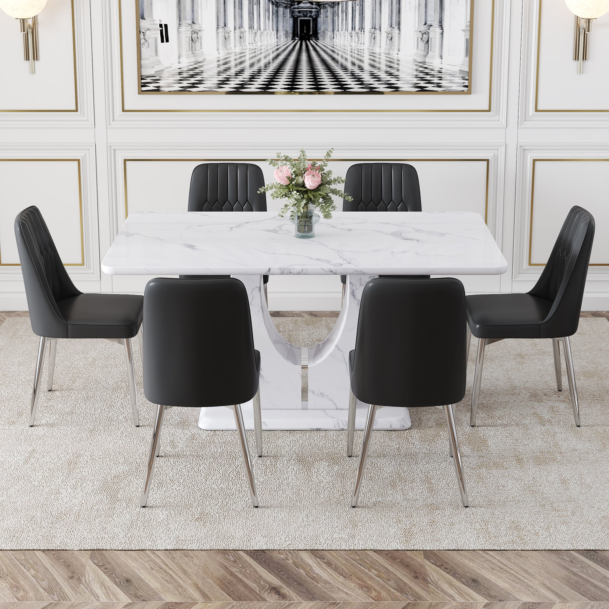 Newboti Furniture Dining Table and chairs set. Marble Pattern MDF Dining Set - 63"x37" with 6 ...