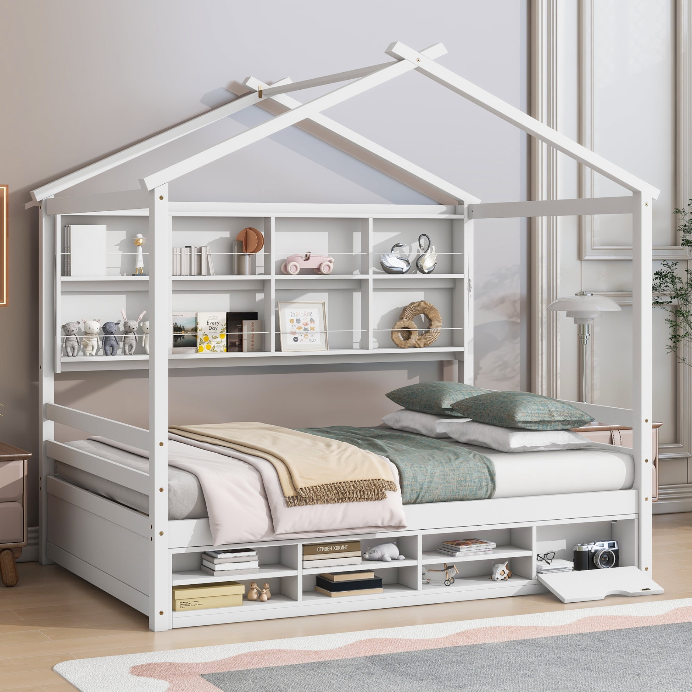 Newboti Furniture Full House Bed with Roof Frame, Bedside-shelves ...