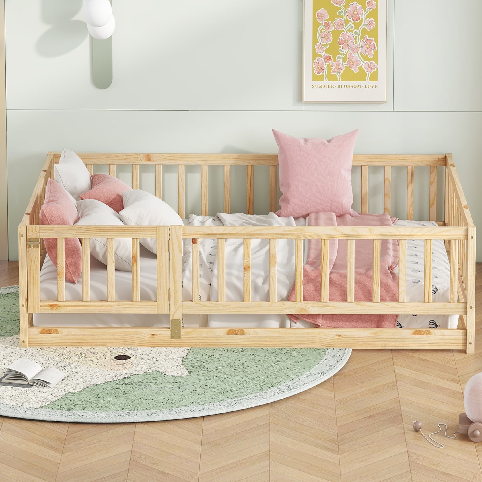 Newboti Furniture Full Size Floor Bed, Montessori Floor Bed with Fence ...