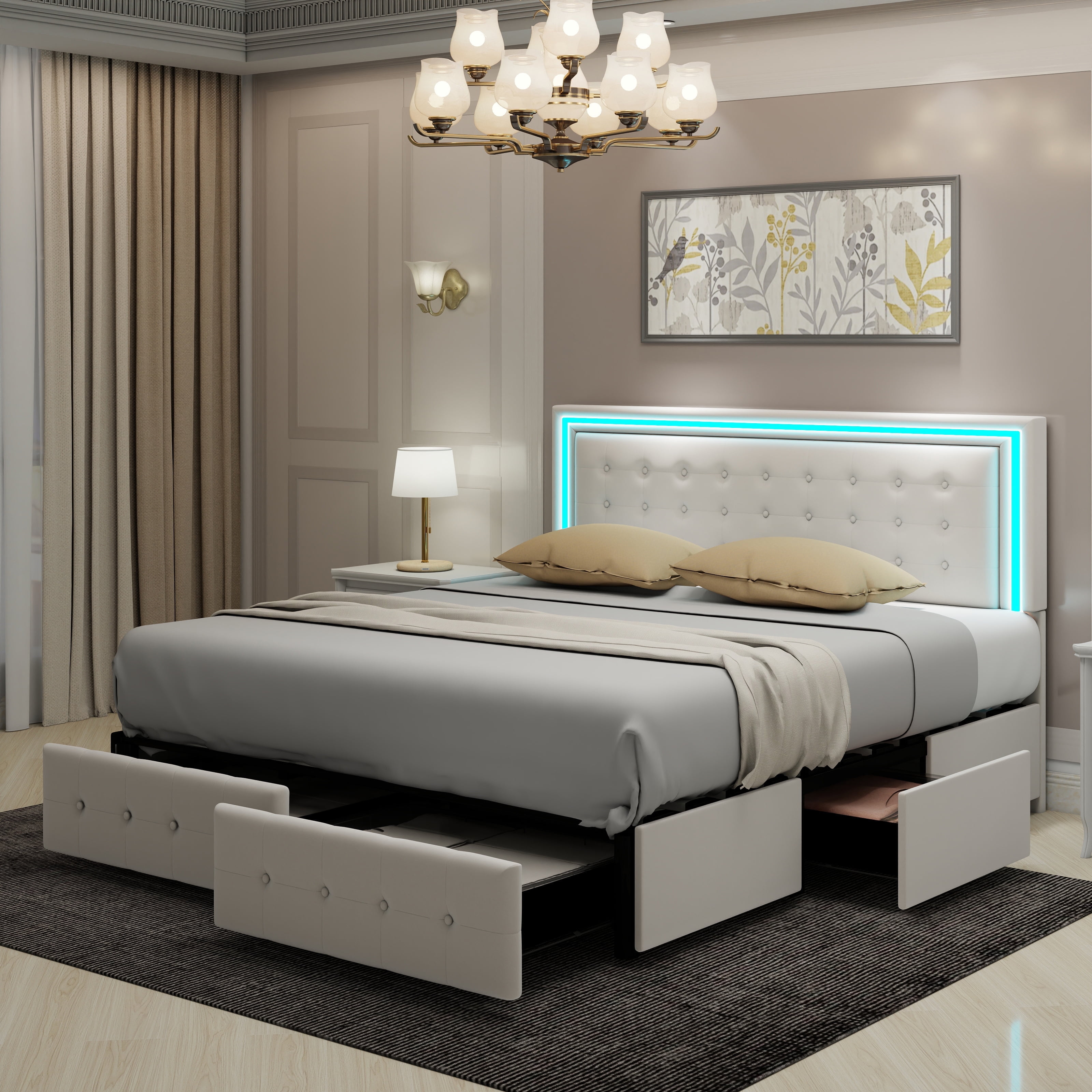 Newboti Furniture Full Size Led Bed Frame with 4 Storage Drawers, Smart ...