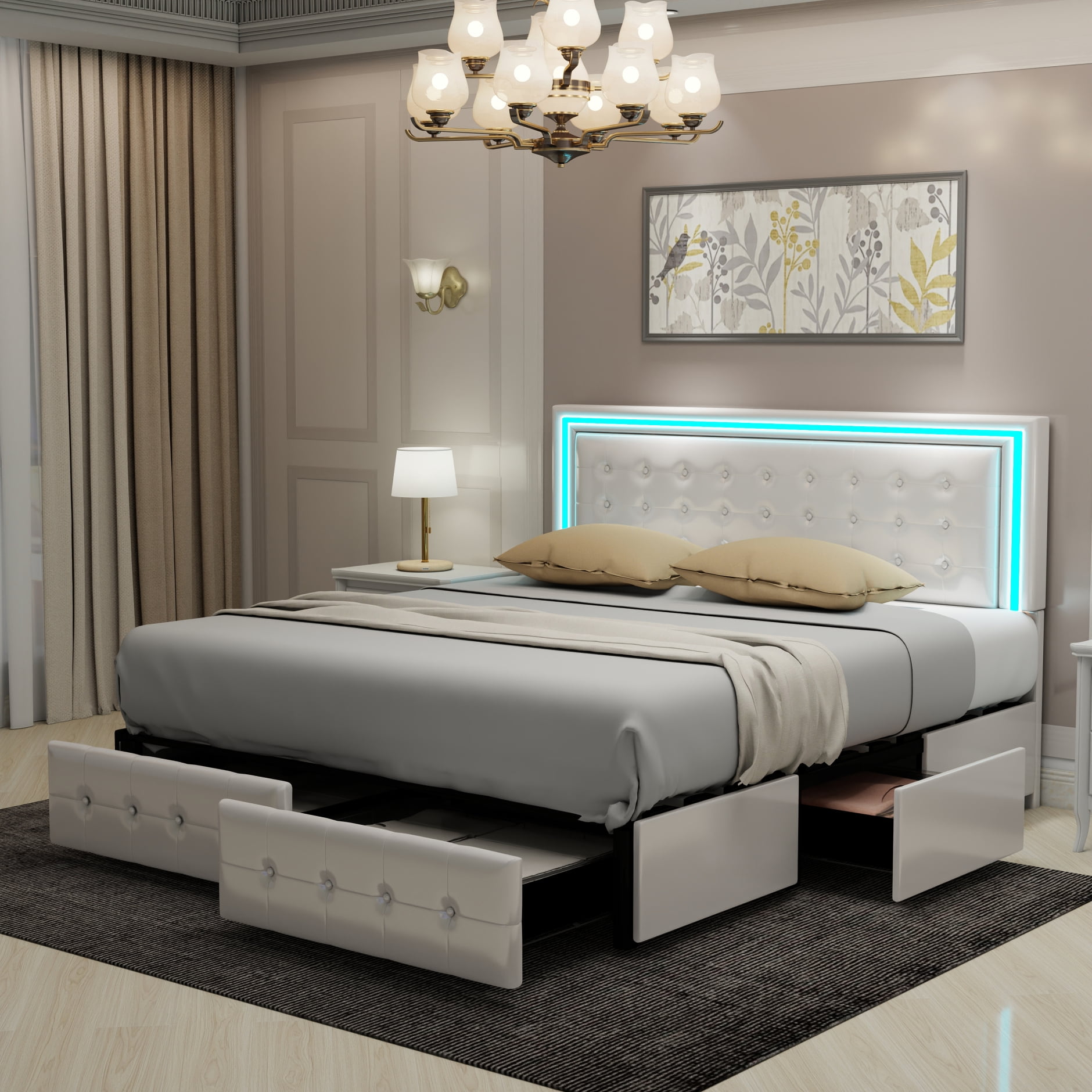 Newboti Furniture Full Size Led Bed Frame with 4 Storage Drawers, Smart ...