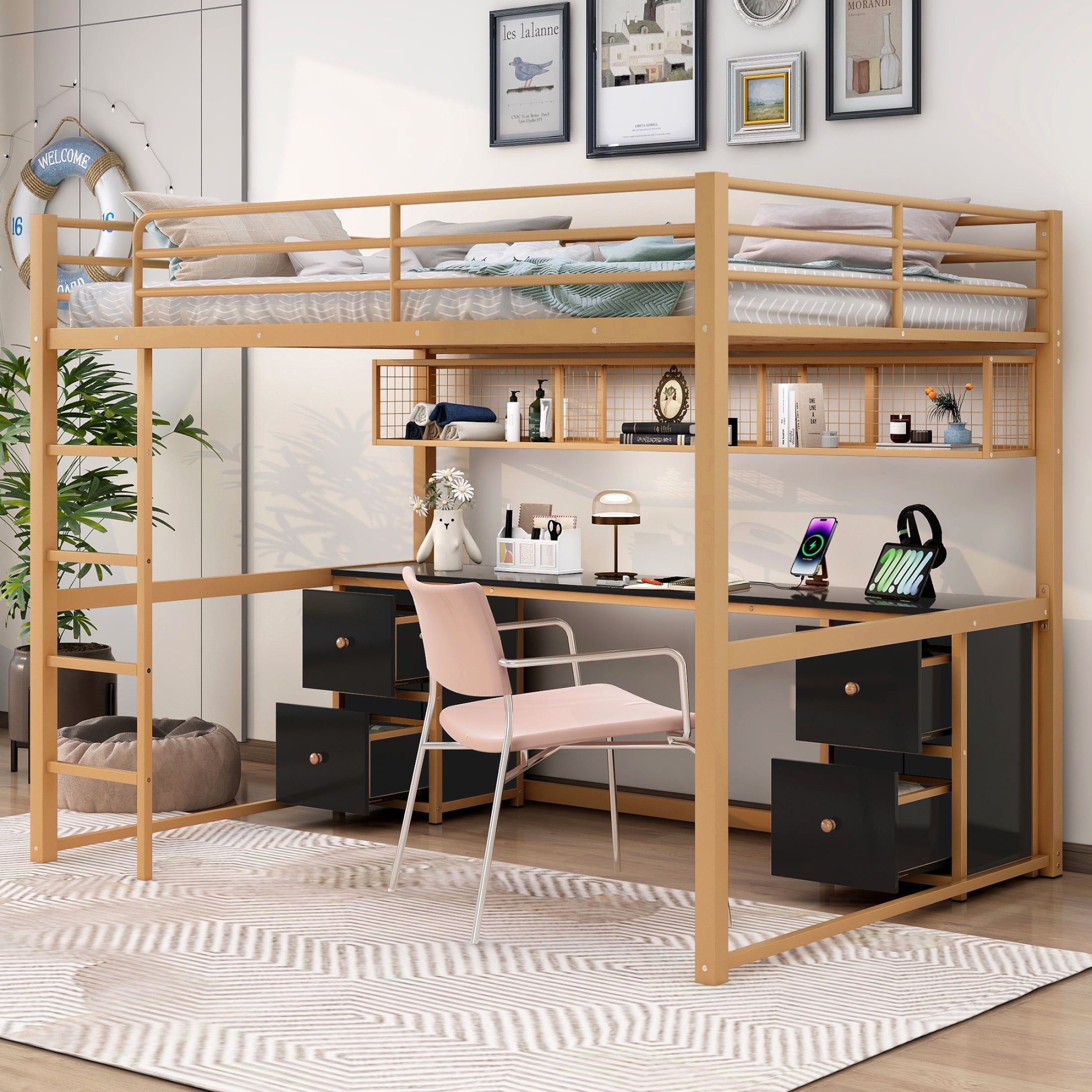Newboti Furniture Full Size Metal Loft Bed with Desk, Drawers and ...
