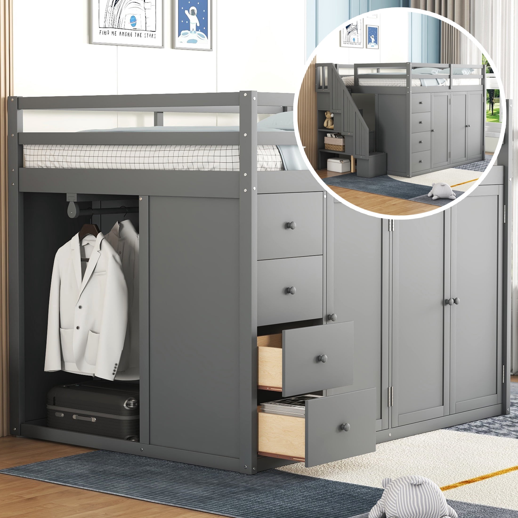 Newboti Furniture Full Size Wood Loft Bed With Built-in Wardrobes ...
