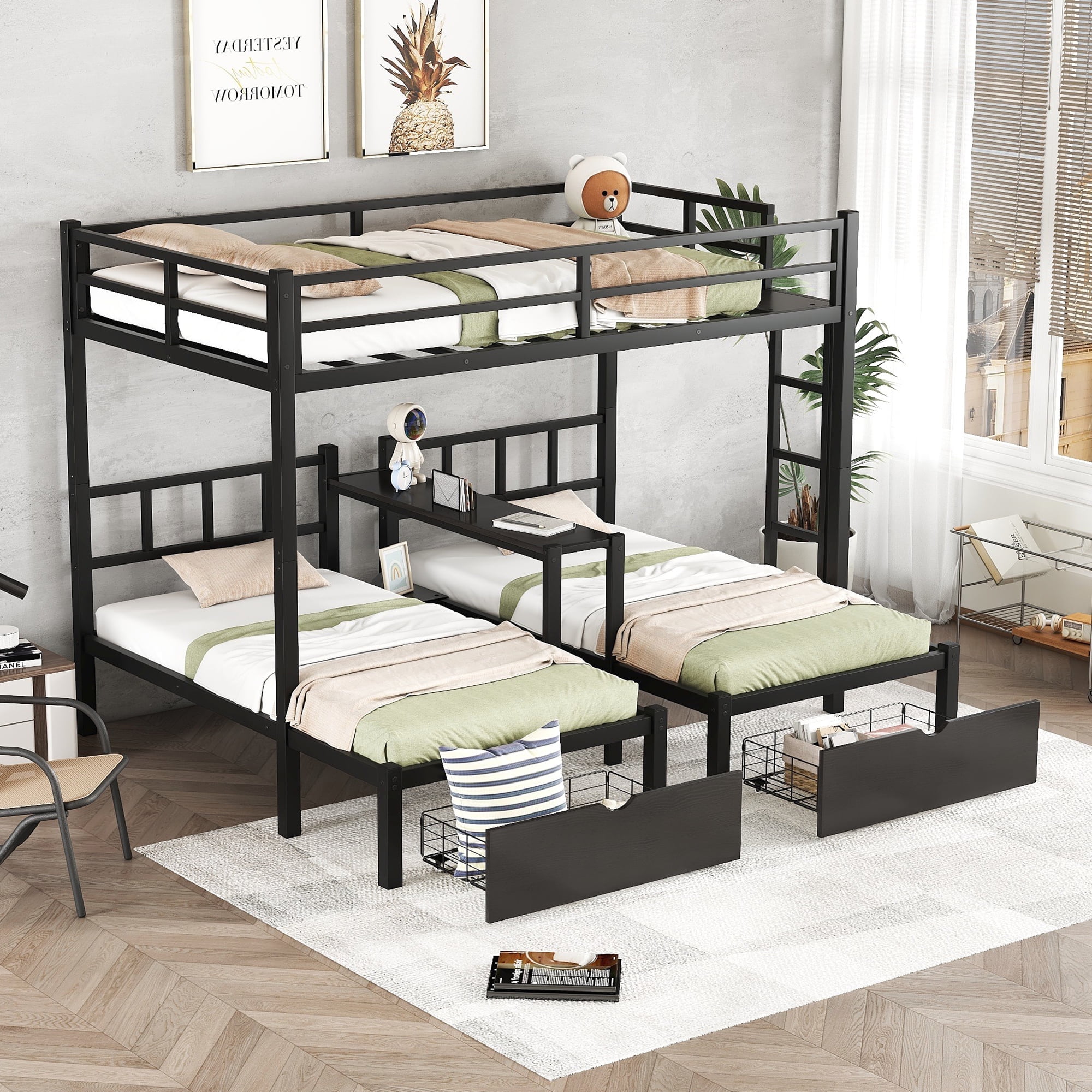 Newboti Furniture Full Xl Over Twin & Twin Triple Bunk Bed With Drawers, Multi-Functional Metal ...