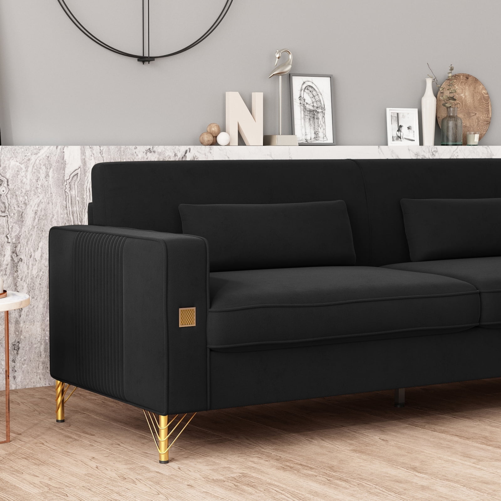Newboti Furniture Fx-P18-Bk(Sofa)Luxury Velvet Sofa With Gold Accents - Modern 3-Seat Couch With ...