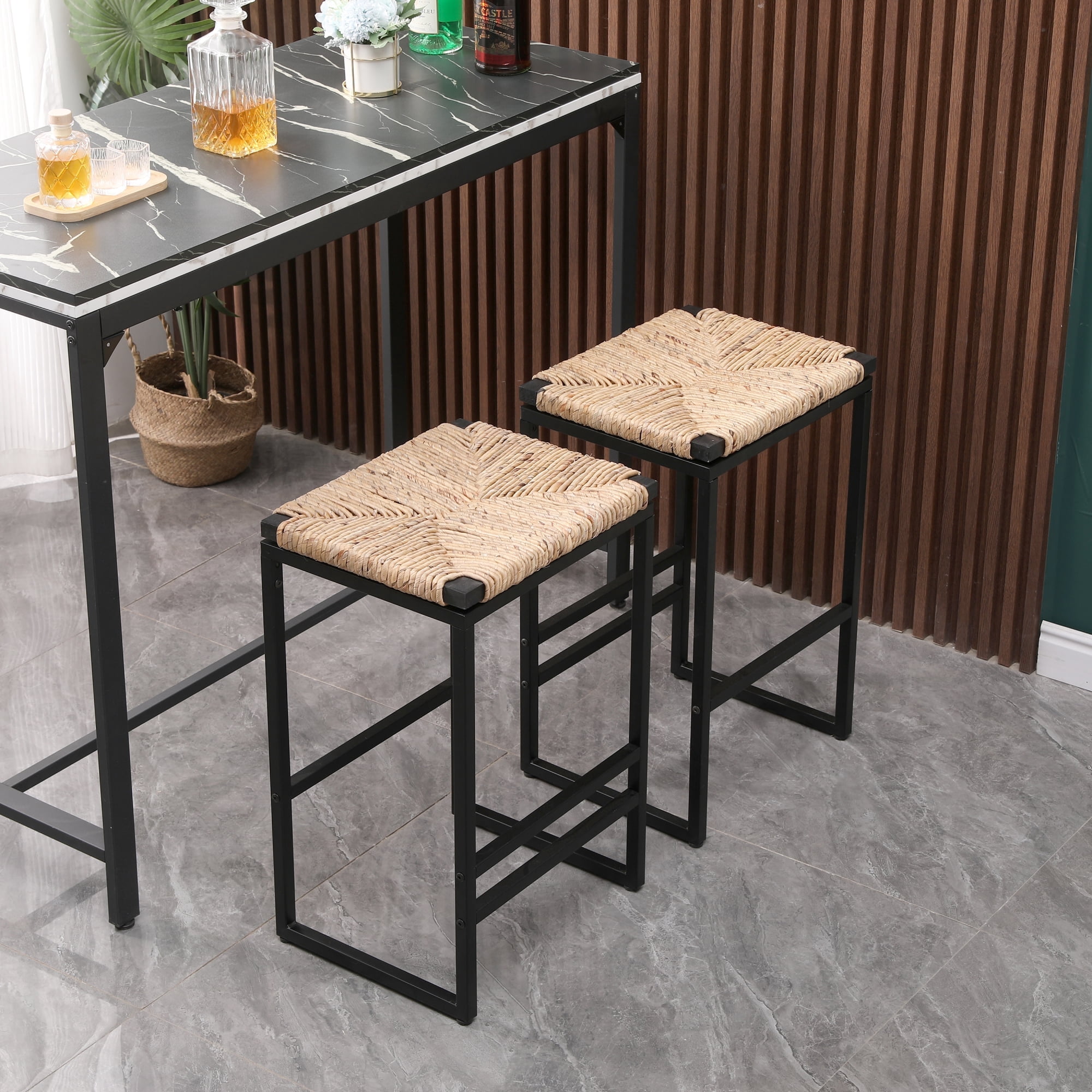 Newboti Furniture Set of 2 Water Hyacinth Woven Bar Stools for Kitchen ...