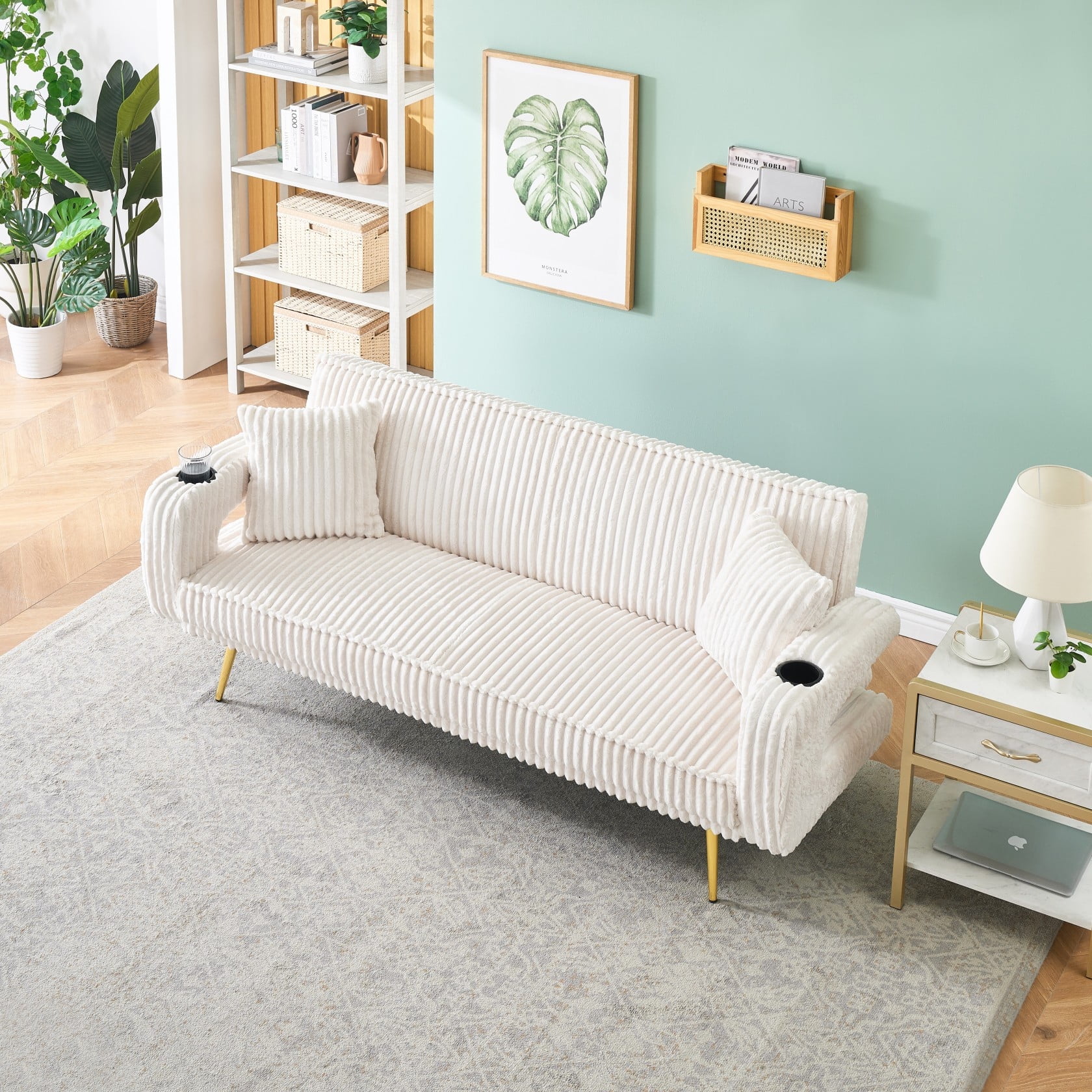 Newboti Furniture Straight-Row White Corduroy Sofa With Throw Pillows, Featuring A Minimalist ...
