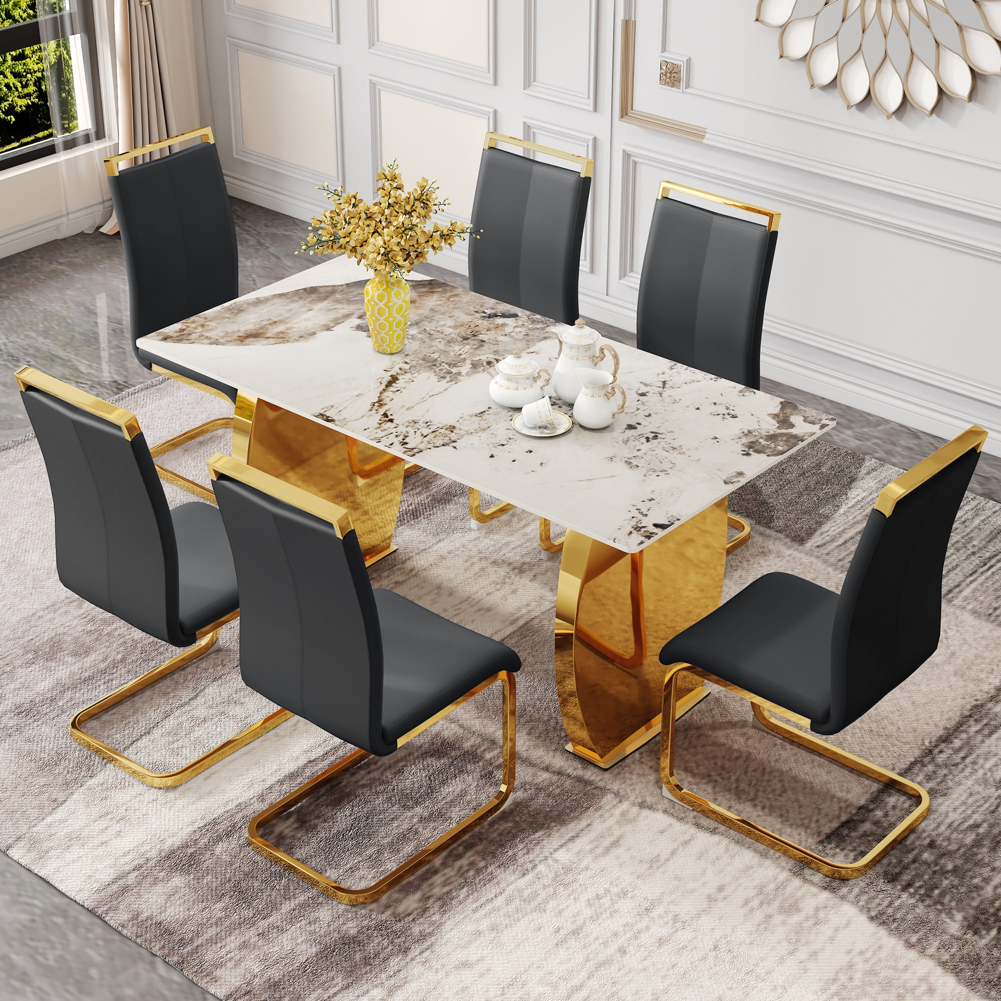 Newboti Furniture Table And Chair Set, Rock Plate Table Top, Gold Metal ...