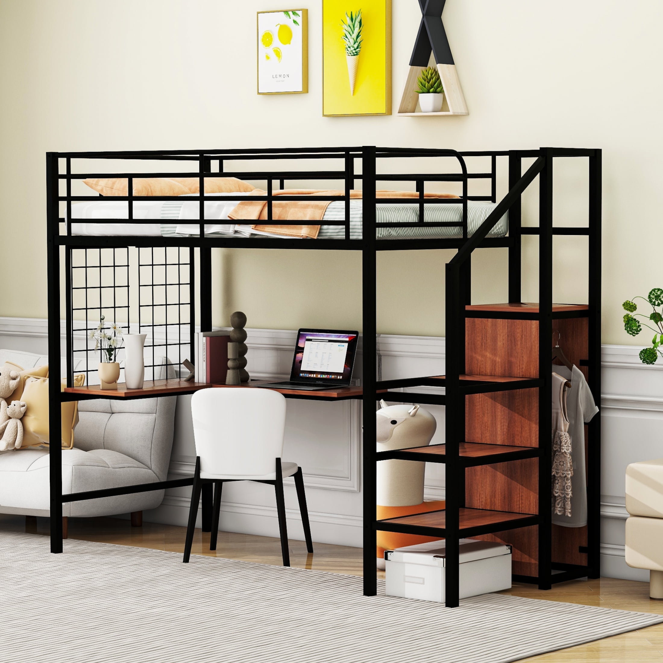 Newboti Furniture Twin Size Metal Loft Bed with Desk and Metal Grid ...