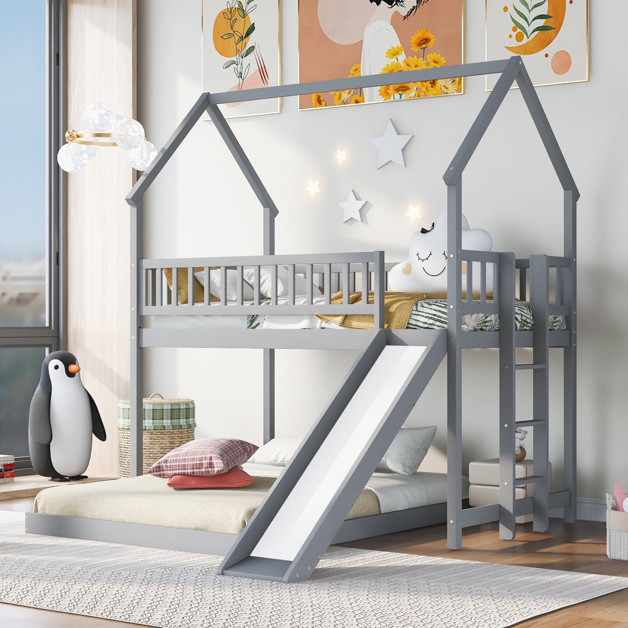 Newboti Furniture Twin over Full House Bunk Bed with Slide and Built-in ...