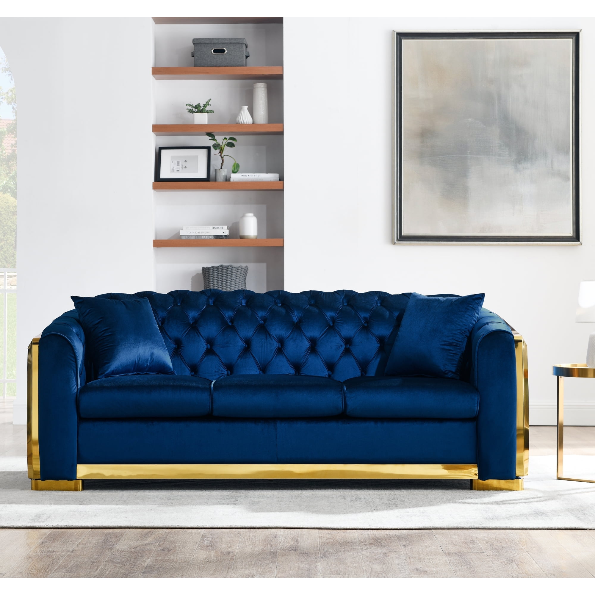 Newboti Furniture Velvet Luxury Chesterfield Sofa Set, 84 Inches Tufted 3 Seat Couch with Gold ...