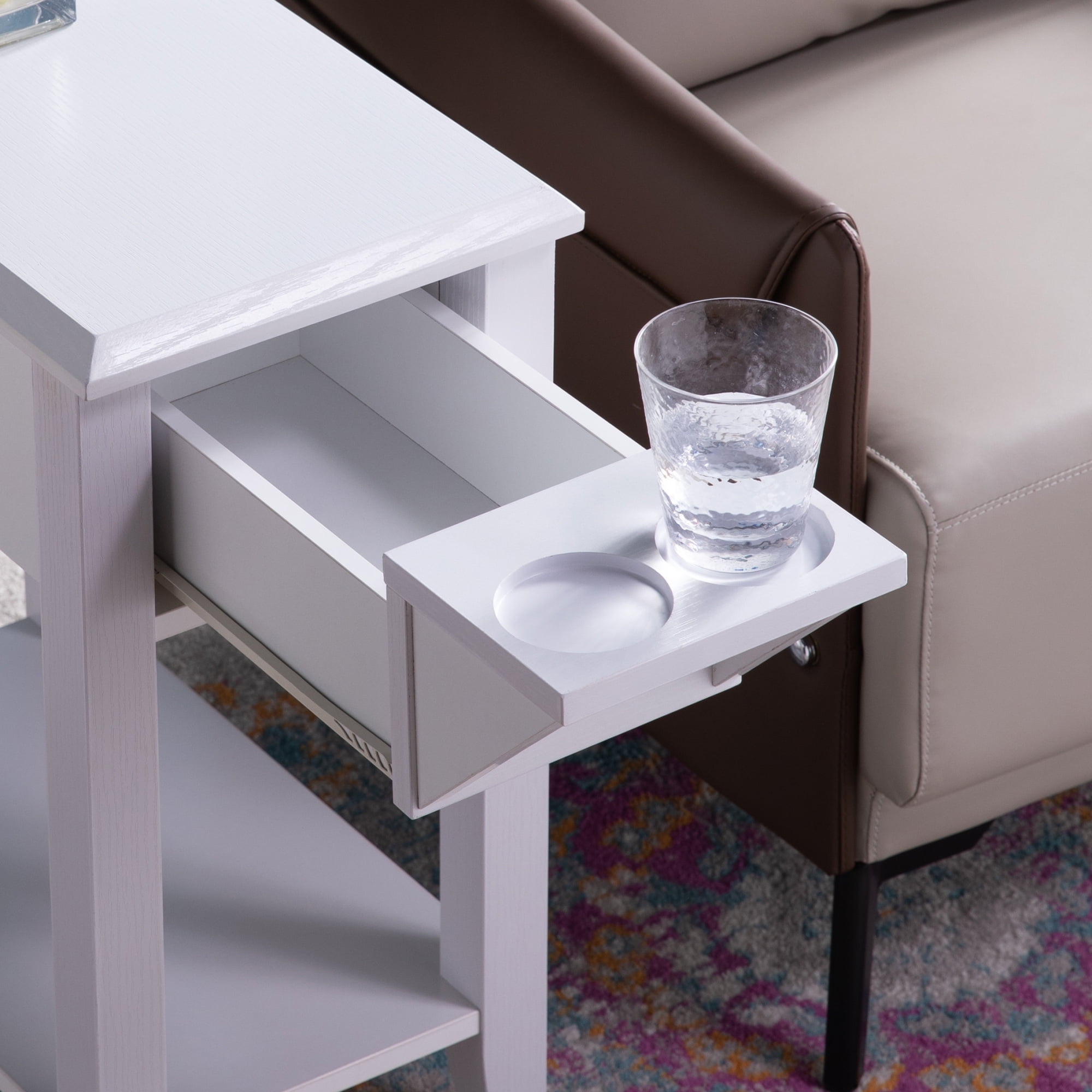 Newboti Furniture White Modern Chairside Table with Two Cup Holders ...