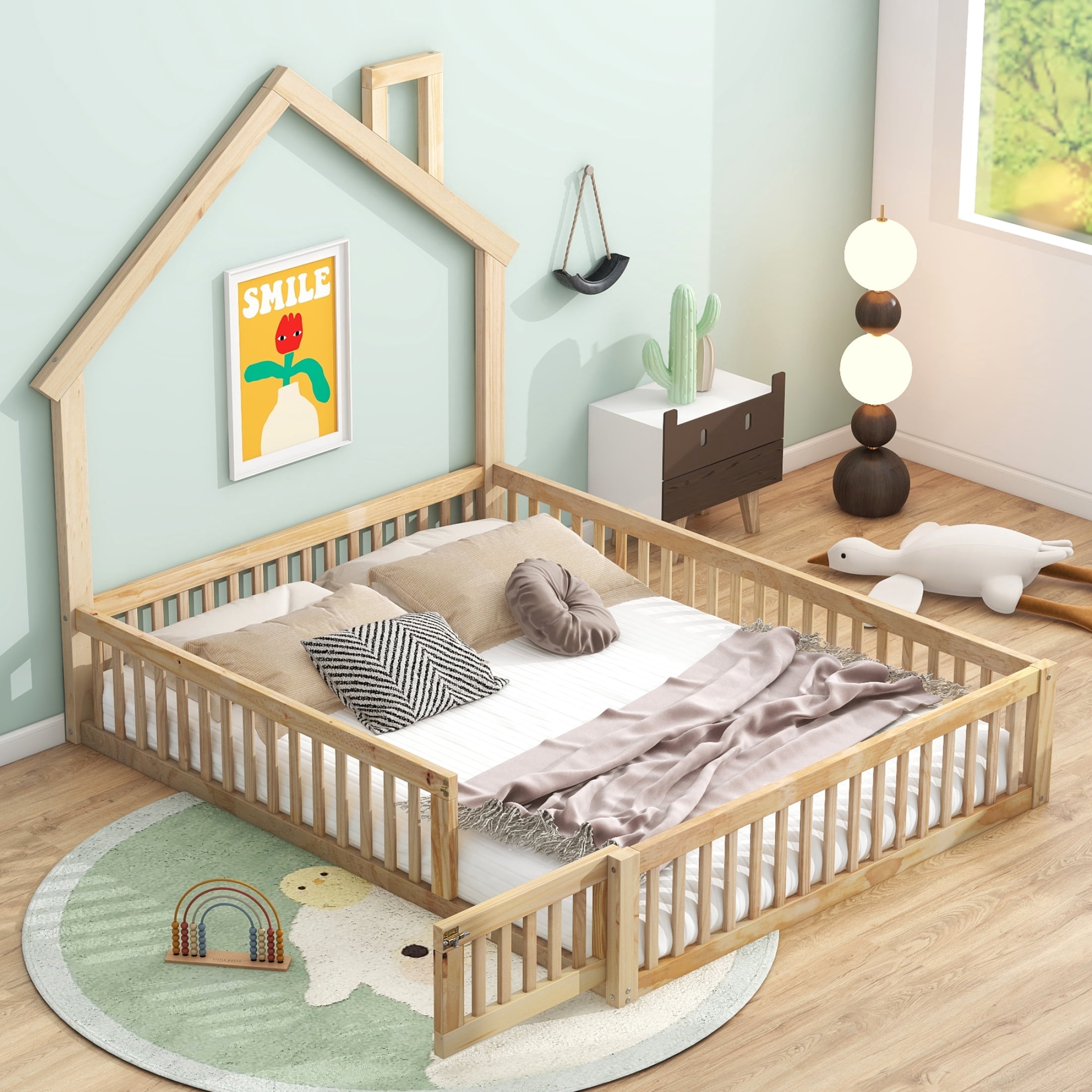Newboti Furniture Wood Full Size House Platform Bed with Guardrail ...