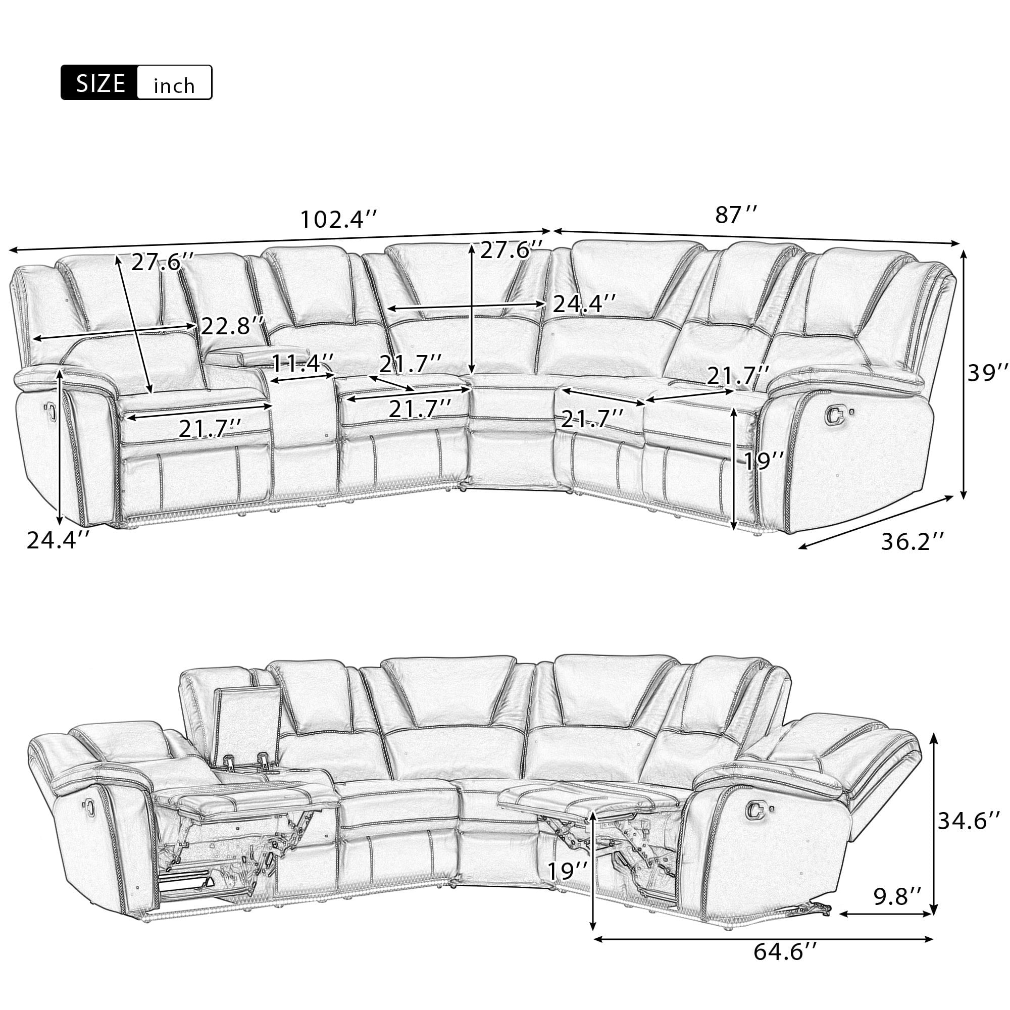Newboti Modern Faux Leather Manual Reclining with Center Console with ...