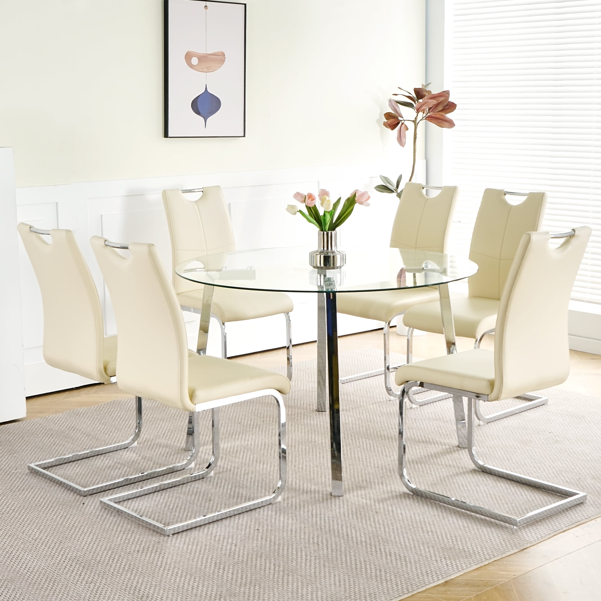 Newboti Modern Simple Table With A Glass Round Table And Six Chairs. Transparent Tempered Glass ...