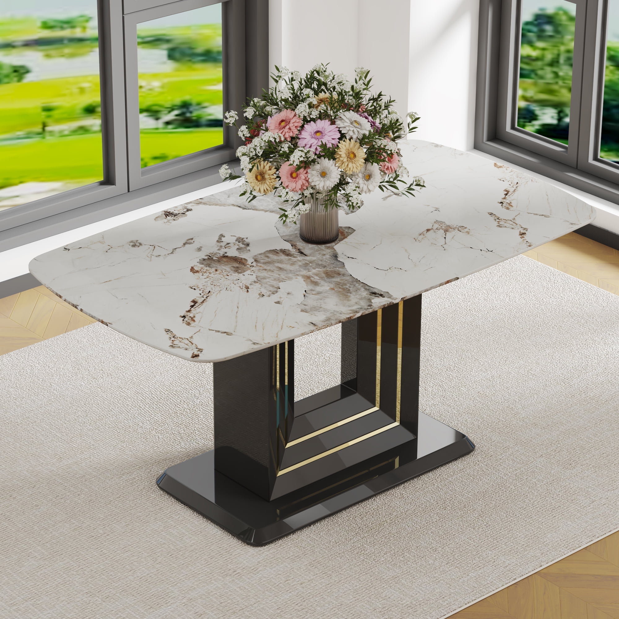 Newboti Rectangular 63" Marble Dining Table, Luxurious Dining Room ...