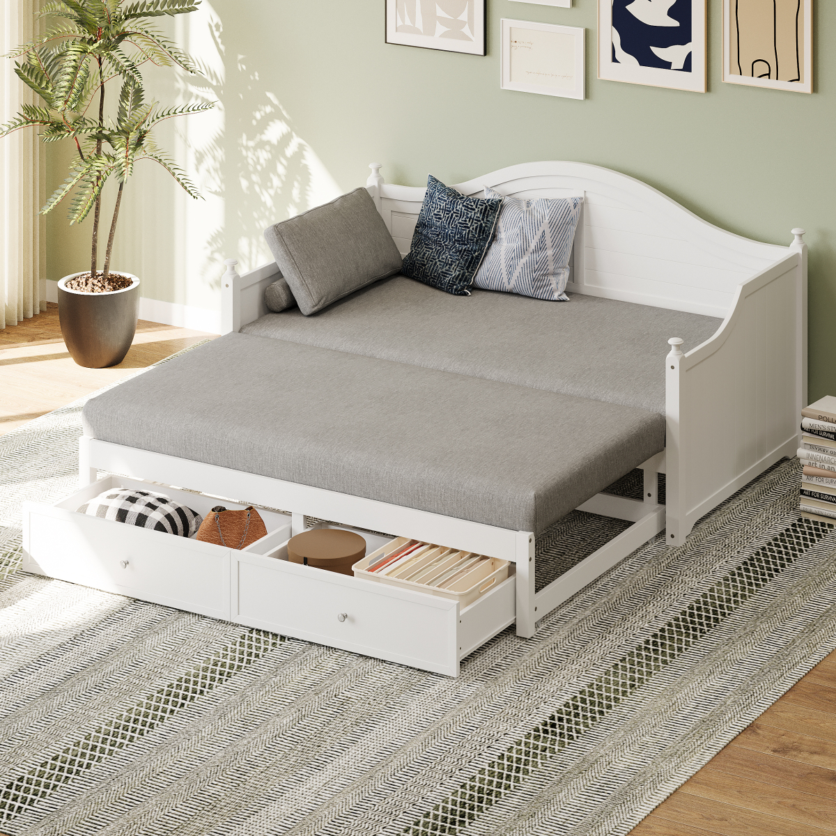 Newboti Twin Size Wood Daybed with Extended Pop Up Trundle and Storage ...