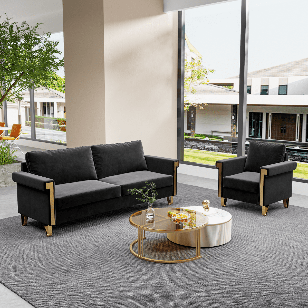 Newboti Velvet Sofa and Chair Combo – Plush Black Couch and Armchair ...