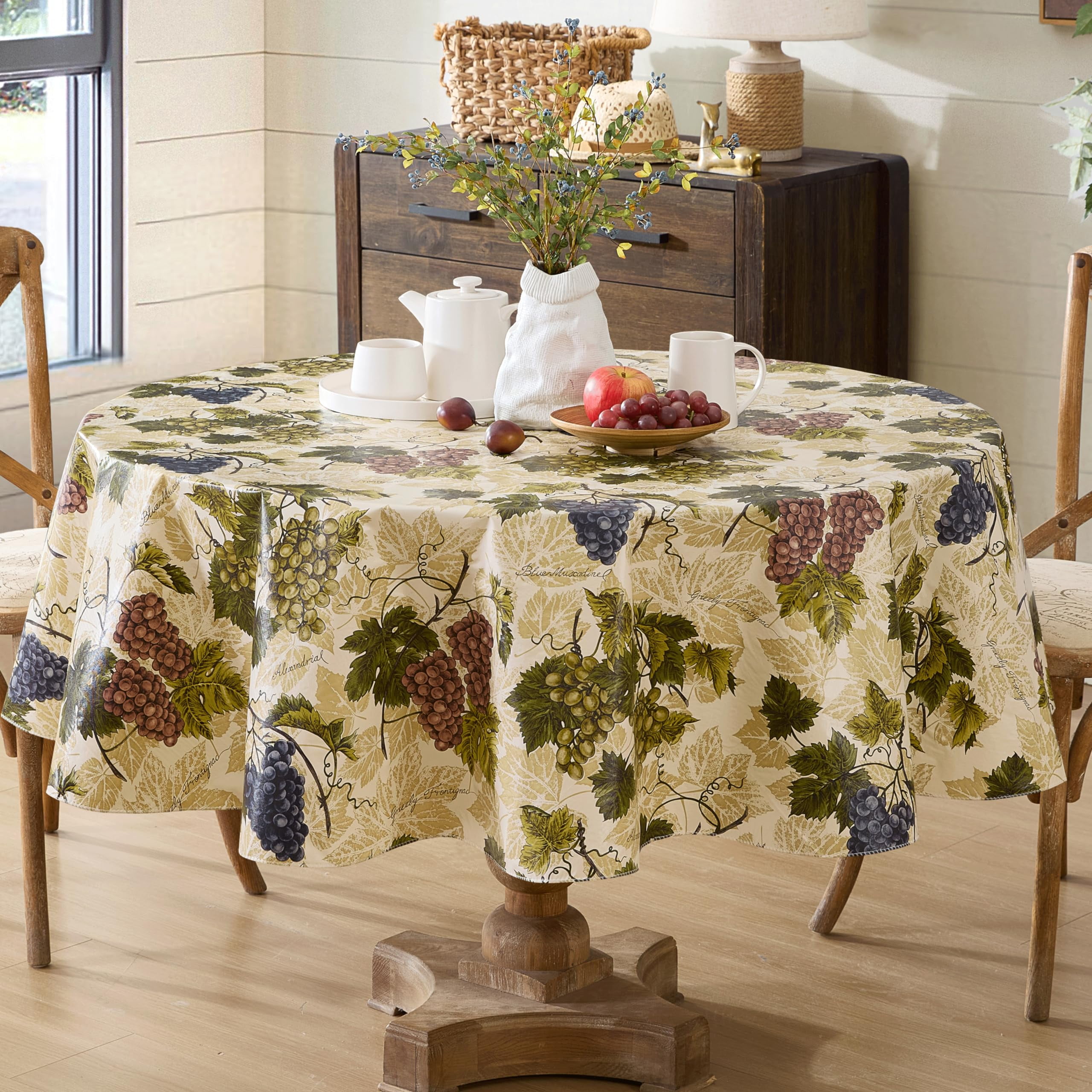 Newbridge 70'' Round Vinyl Tablecloth, Waterproof, Grapevine Print ...