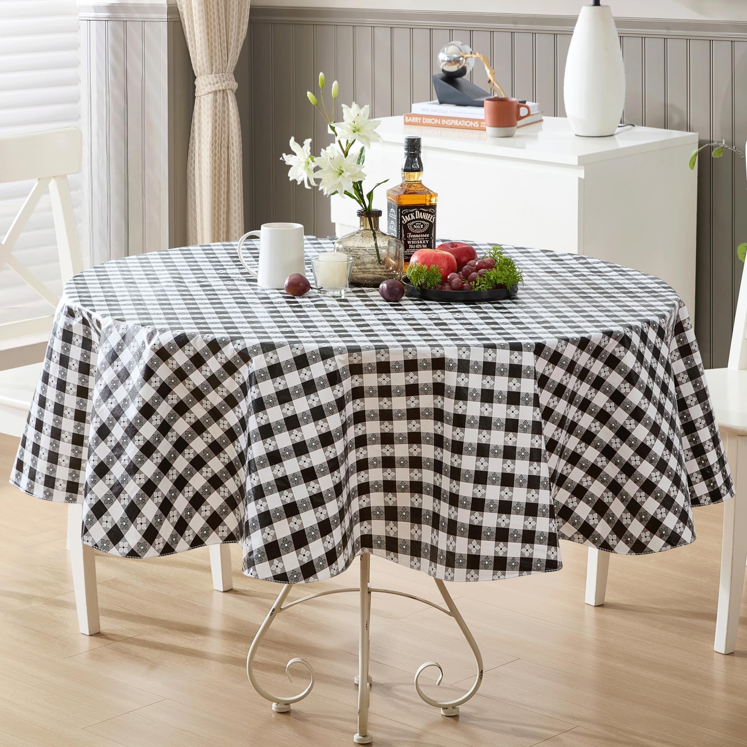 Black Café Bistro Tavern Check 70 inch Round Vinyl Dining Tablecloth ...
